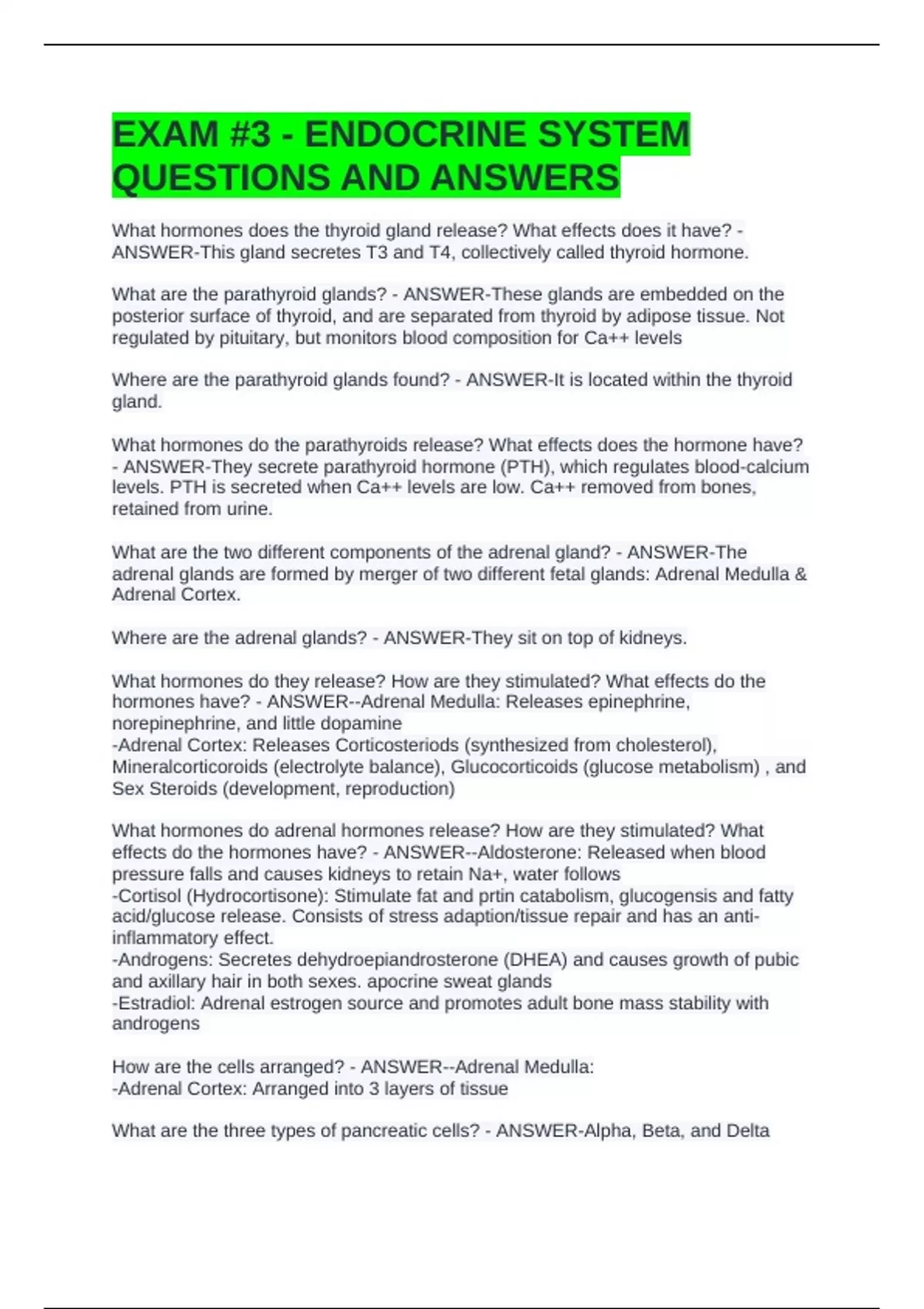 EXAM #3 - ENDOCRINE SYSTEM QUESTIONS AND ANSWERS - Endo - Stuvia US