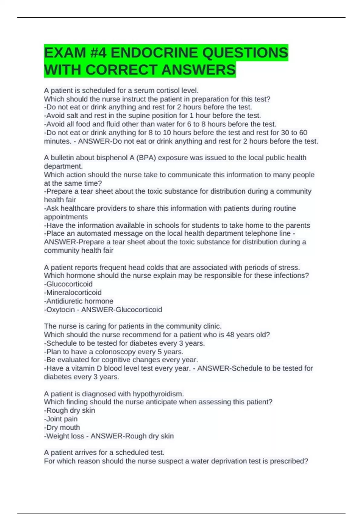 EXAM #4 ENDOCRINE QUESTIONS WITH CORRECT ANSWERS - Endo - Stuvia US