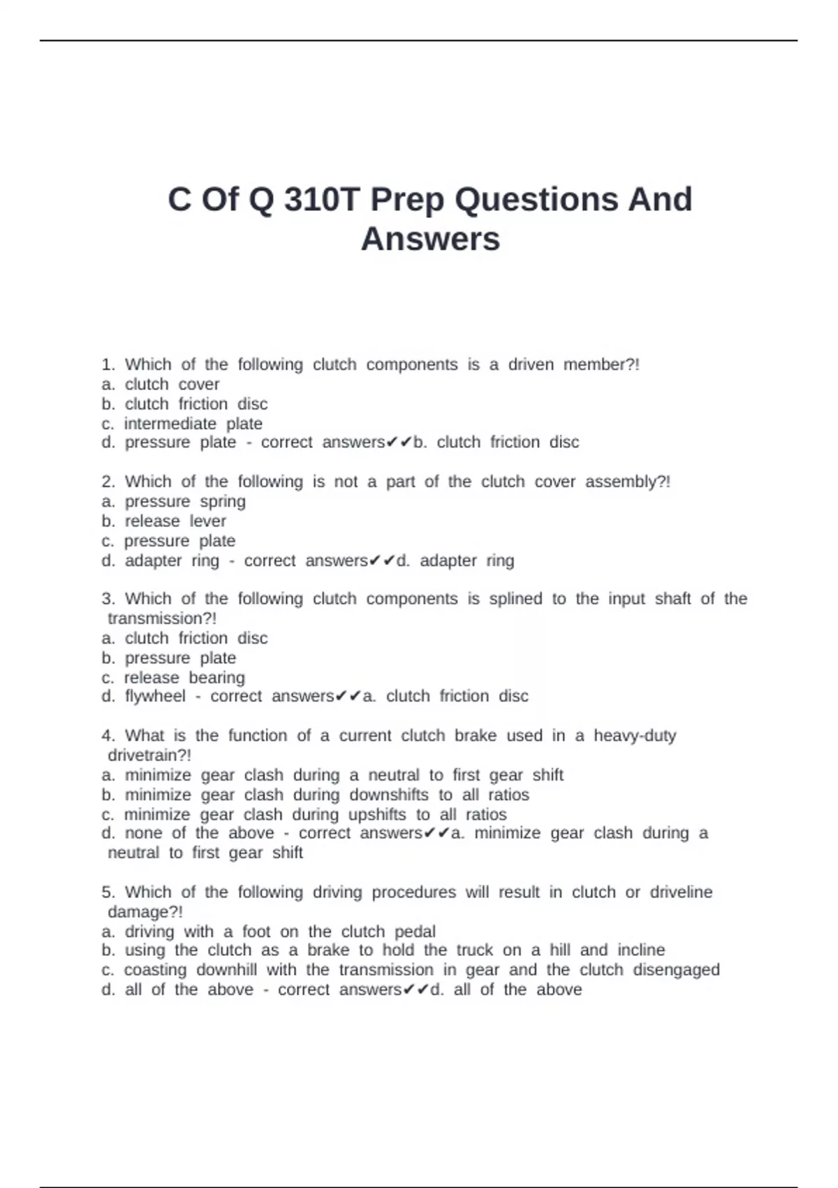 C Of Q 310T Prep Questions And Answers - C Of Q 310T - Stuvia US