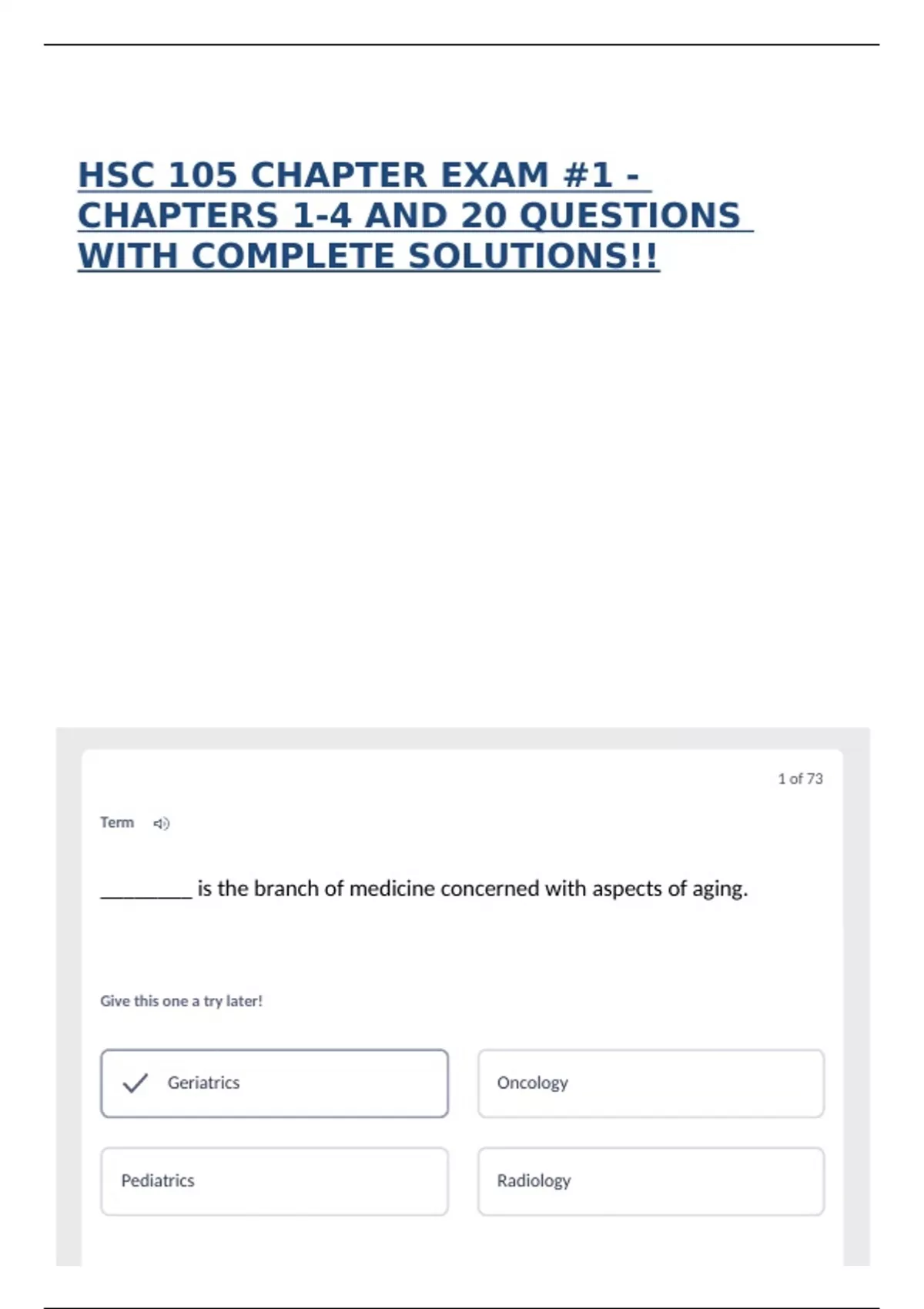 HSC 105 CHAPTER EXAM #1 - CHAPTERS 1-4 AND 20 QUESTIONS WITH COMPLETE SOLUTIONS!! - HSC 105 ...