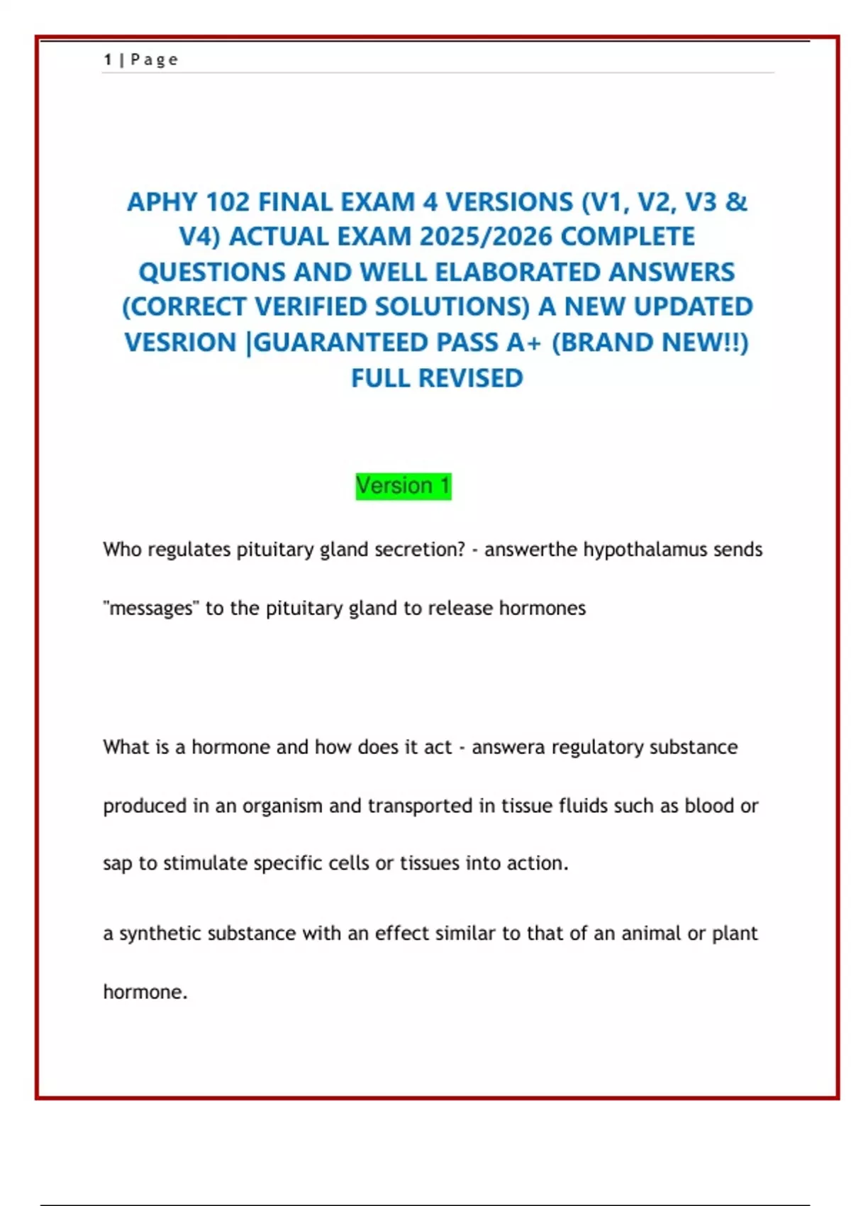APHY 102 FINAL EXAM 4 VERSIONS (V1, V2, V3 & V4) ACTUAL EXAM 2025/2026 COMPLETE QUESTIONS AND ...
