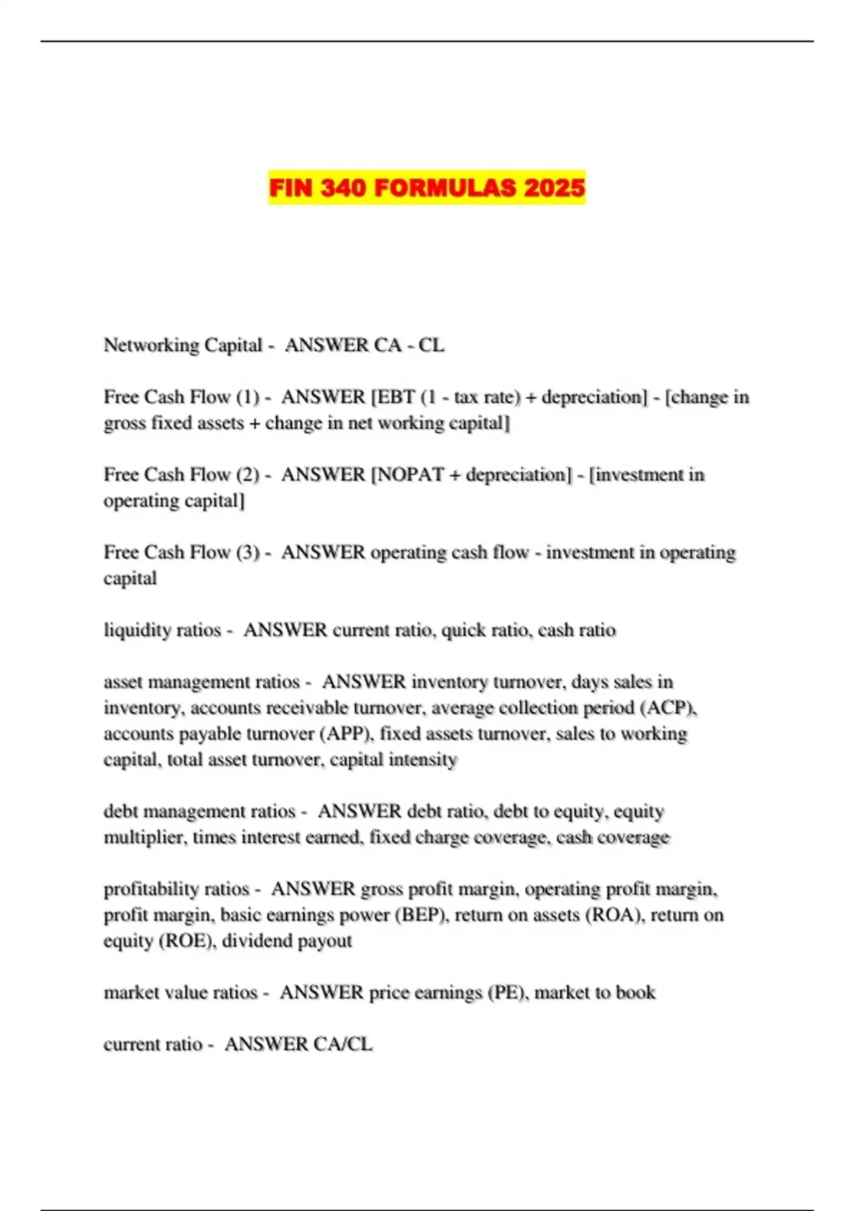 FIN 340 FORMULAS 2025 - FIN 340 FORMULAS - Stuvia US