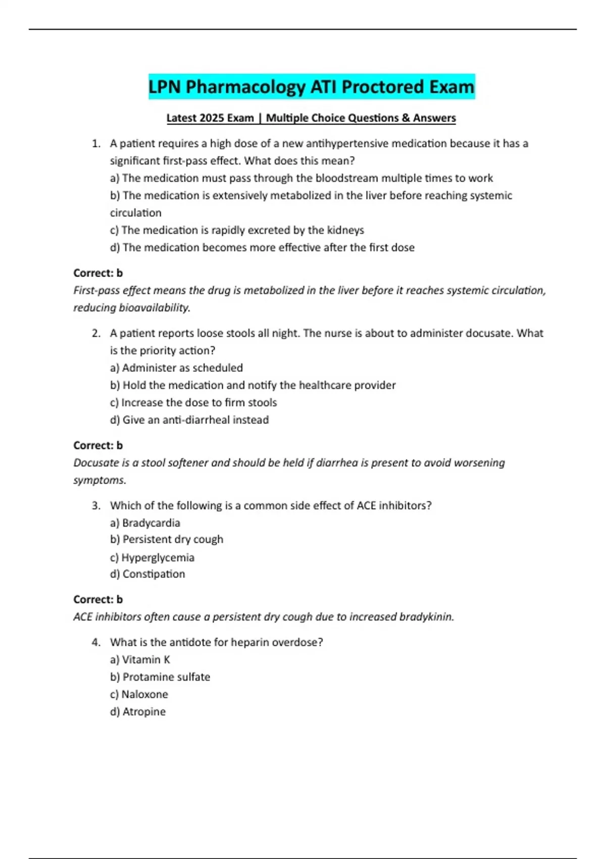 LPN Pharmacology ATI Proctored Exam Latest 2025 Exam | Multiple Choice ...