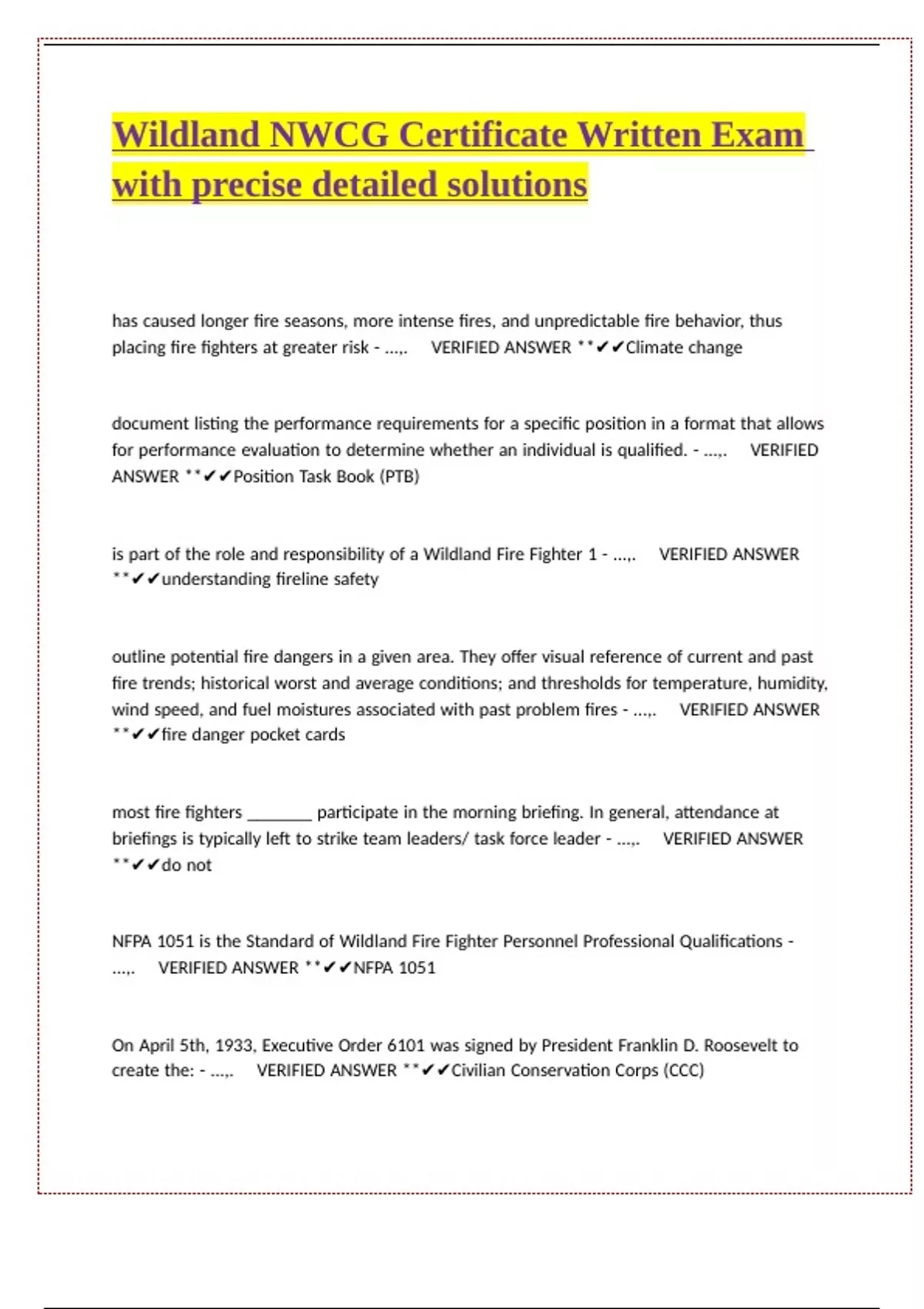 Wildland NWCG Certificate Written Exam (390 questions) with precise ...