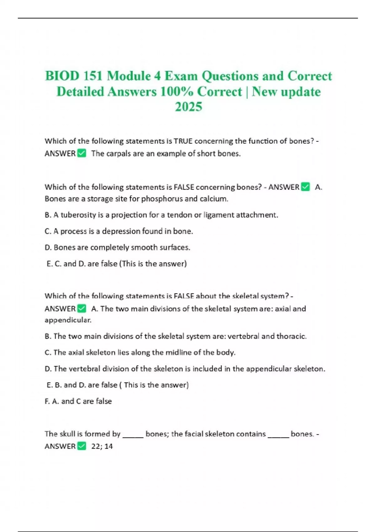 BIOD 151 Module 4 Exam Questions and Correct Detailed Answers 100% ...