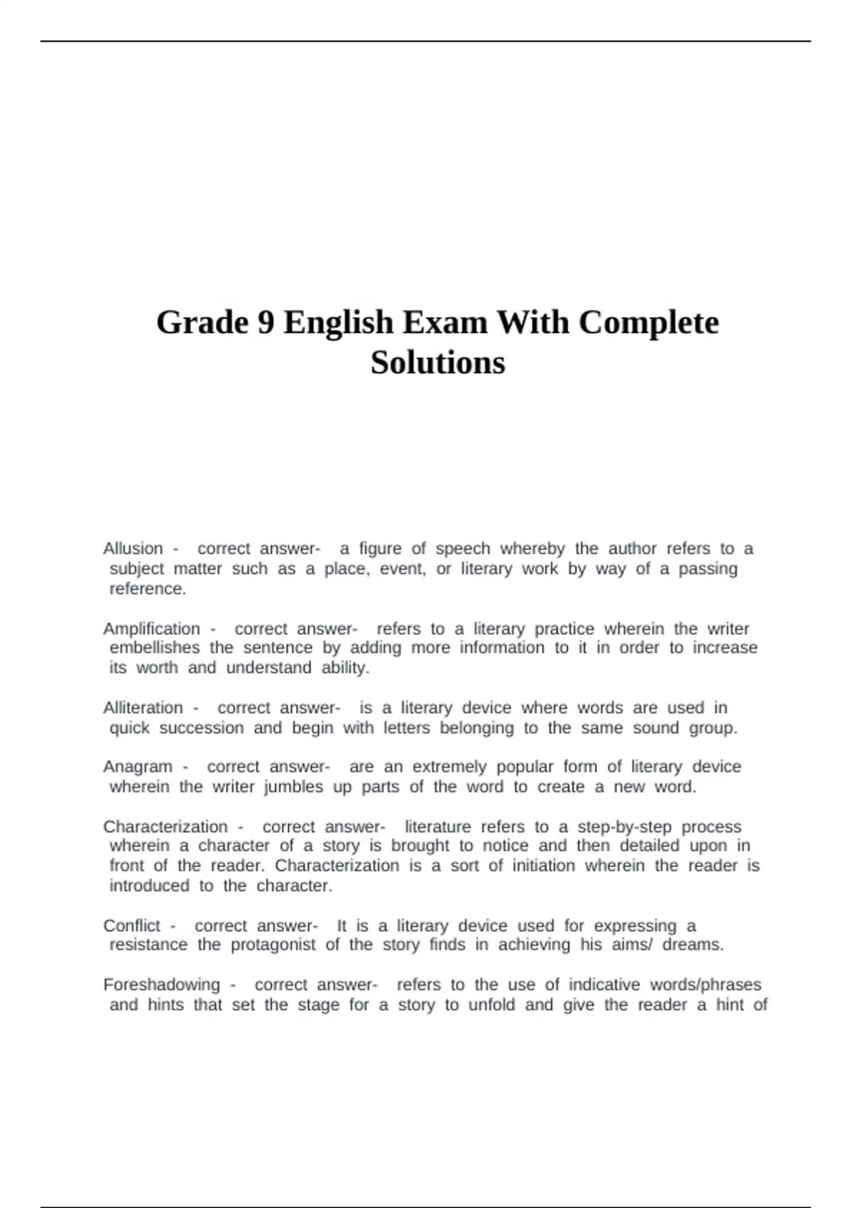 Grade 9 English Exam With Complete Solution - GRADE 9 - Stuvia US