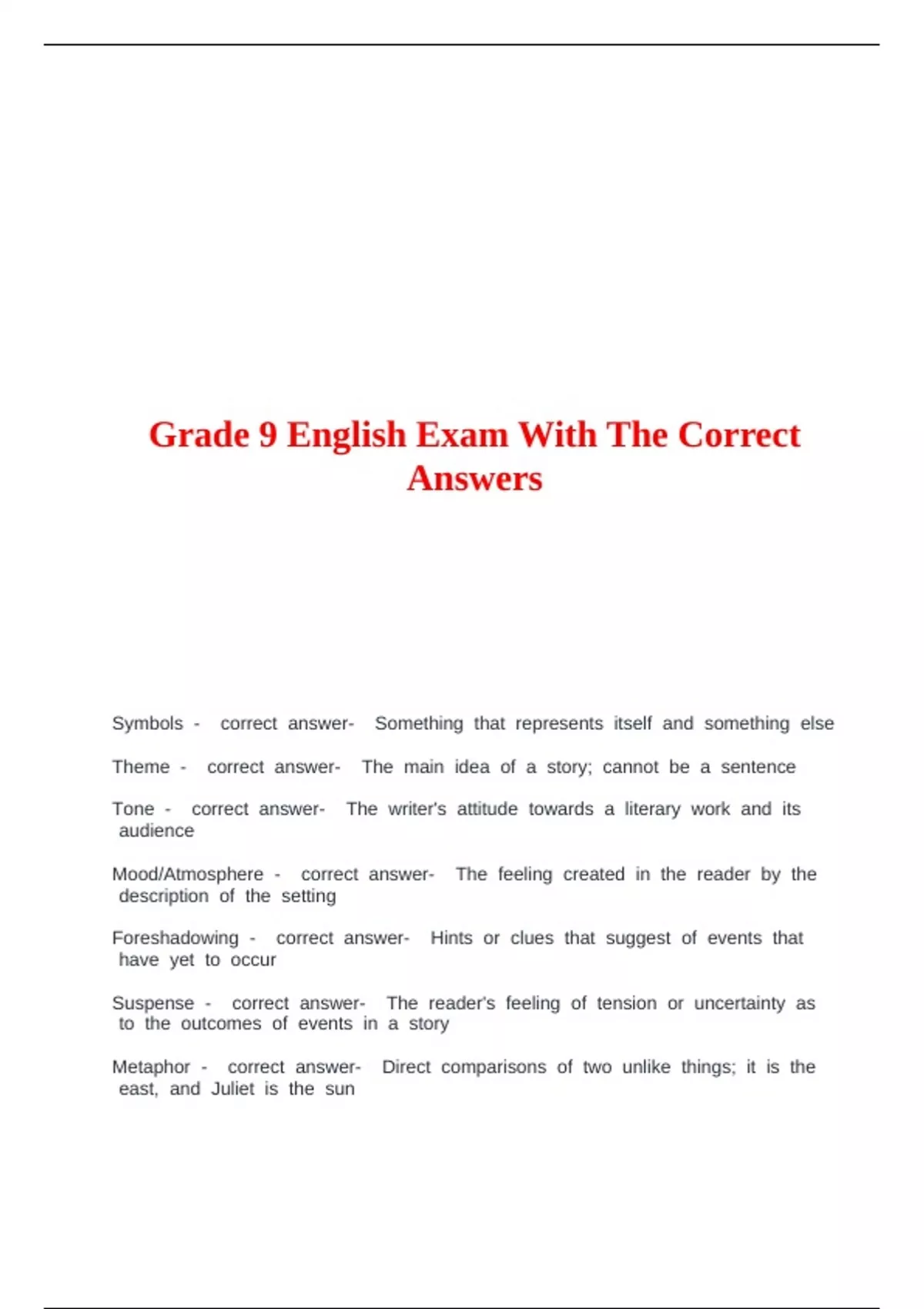 Grade 9 English Exam With The Correct Answers - GRADE 9 - Stuvia US