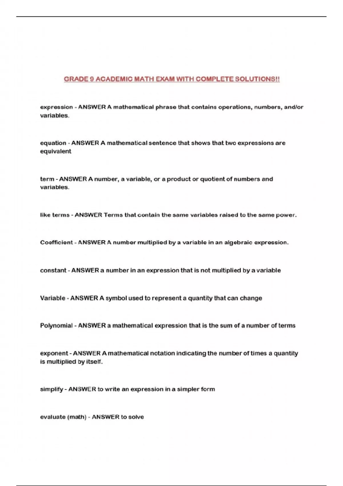 GRADE 9 ACADEMIC MATH EXAM WITH COMPLETE SOLUTIONS!! - GRADE 9 ACADEMIC ...