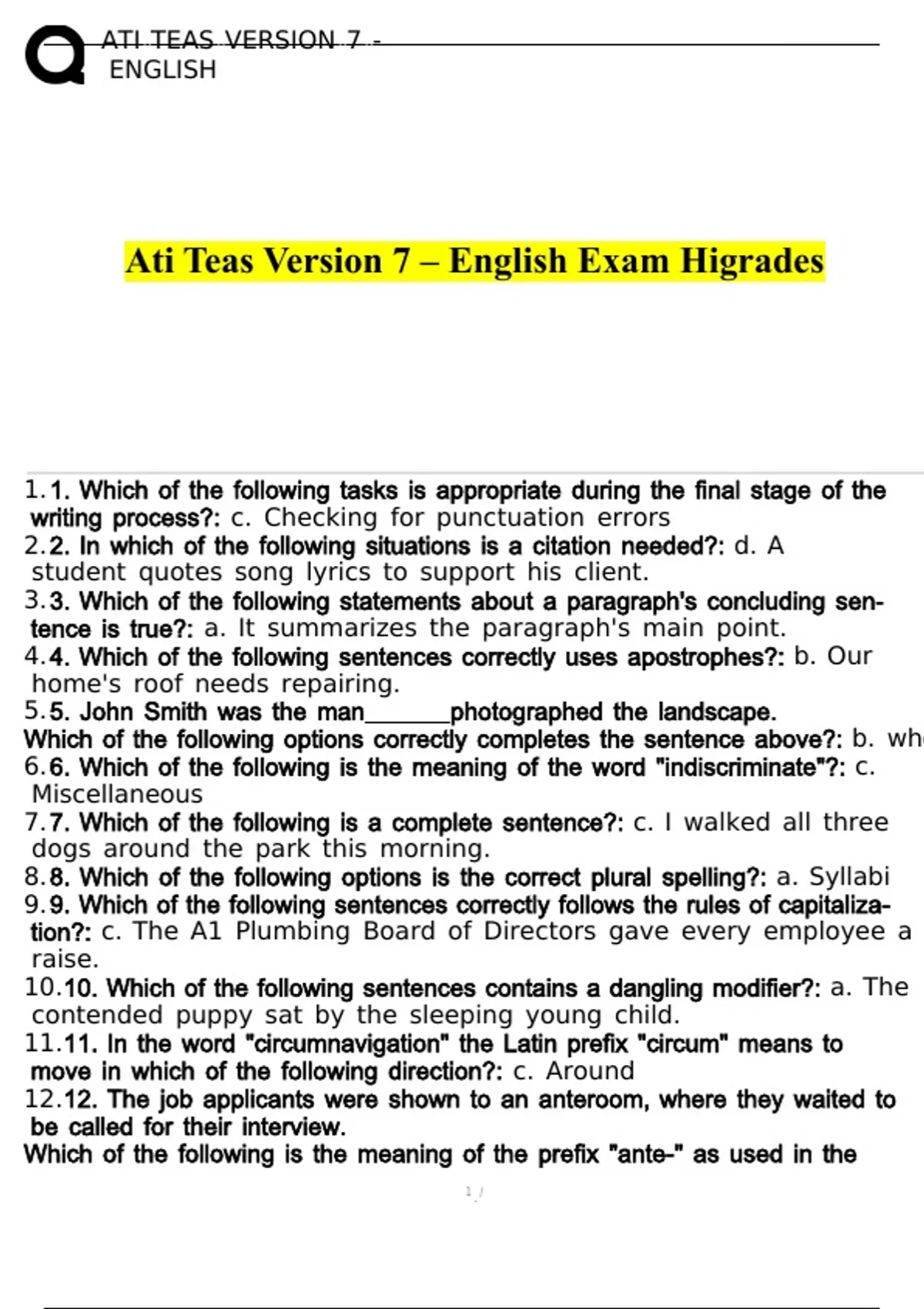 Ati Teas Version 7 – English Exam HigradeS - ATI TEAS - Stuvia US