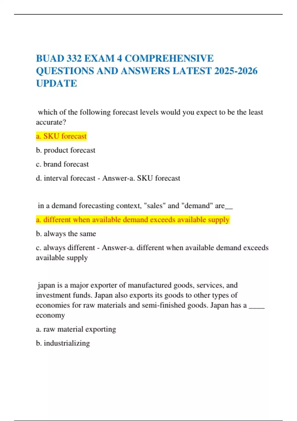 BUAD 332 EXAM 4 COMPREHENSIVE QUESTIONS AND ANSWERS LATEST UPDATE ...