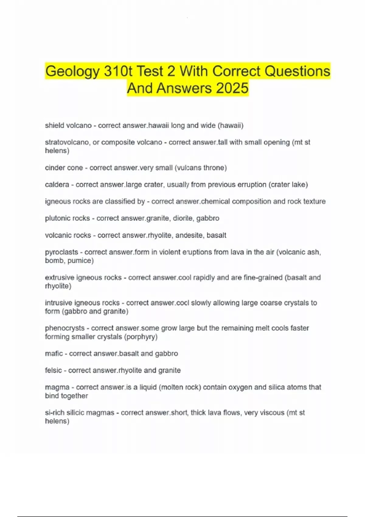 Geology 310t Test 2 With Correct Questions And Answers 2025 - Geology ...