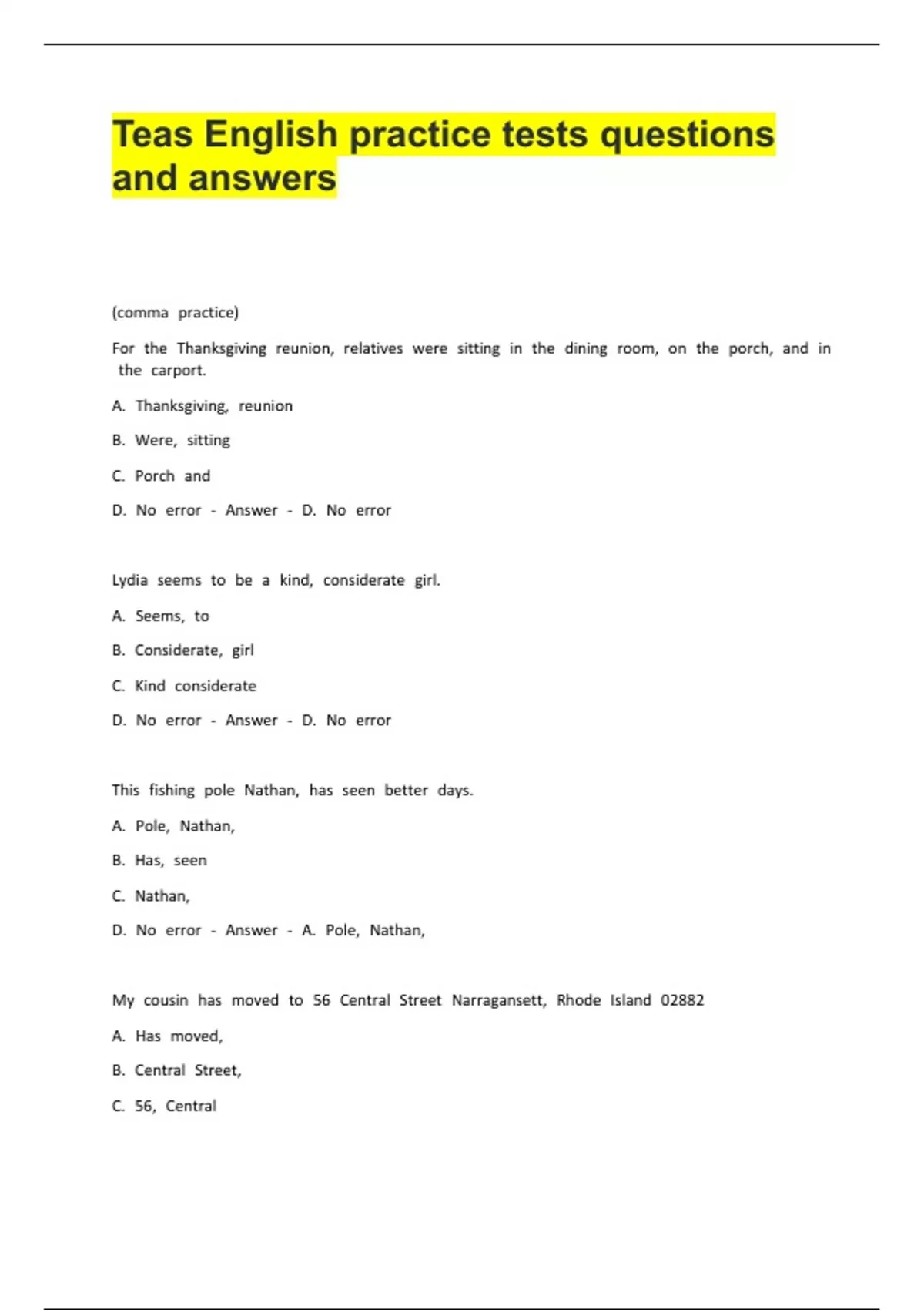 Teas English practice tests - E A S practice - Stuvia US