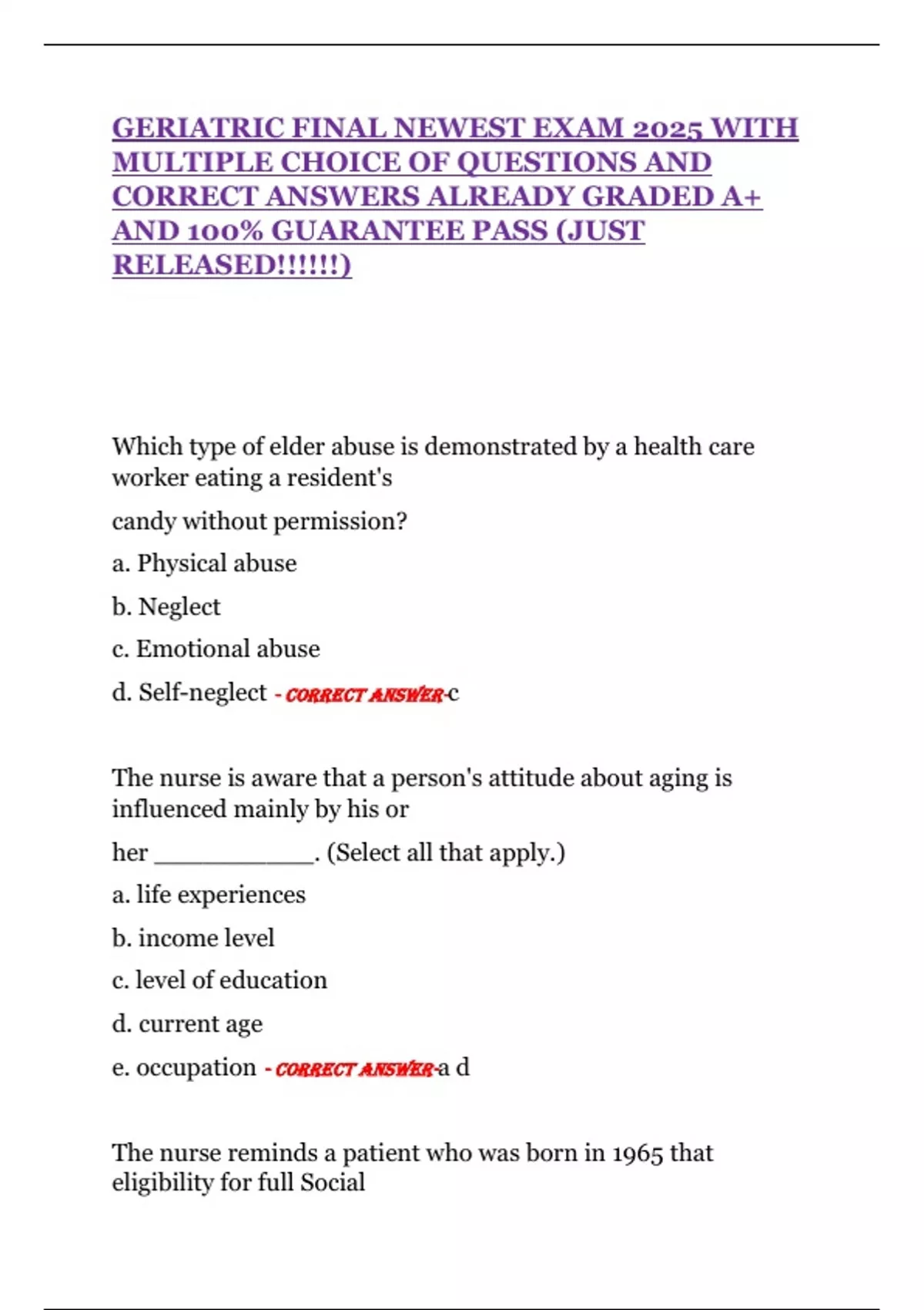 GERIATRIC FINAL NEWEST EXAM 2025 WITH MULTIPLE CHOICE OF QUESTIONS AND ...