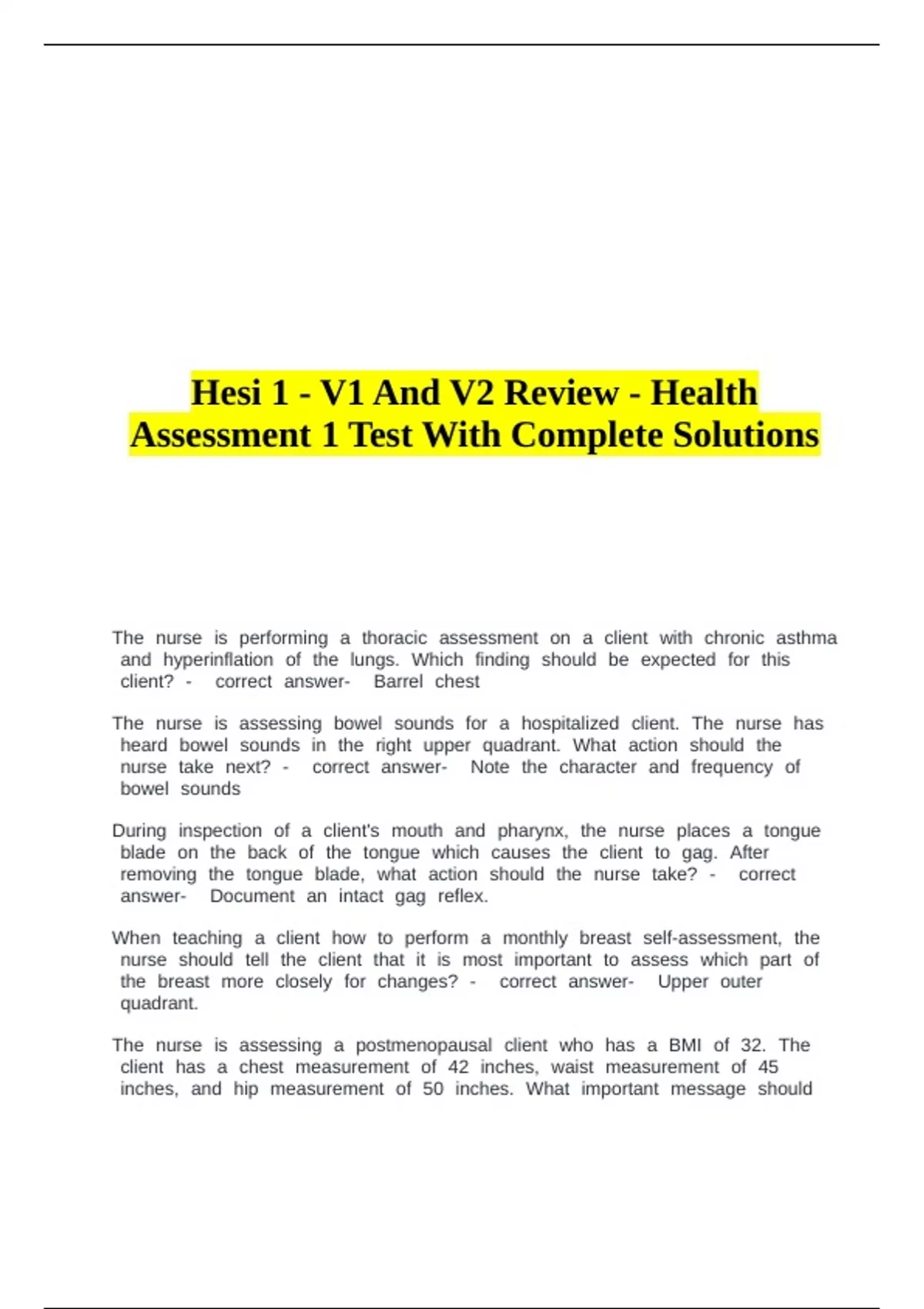 Hesi 1 - V1 And V2 Review - Health Assessment 1 Test With Complete ...