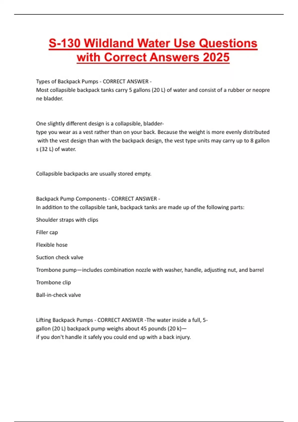 S-130 Wildland Water Use Questions with Correct Answers 2025 - S-130 ...