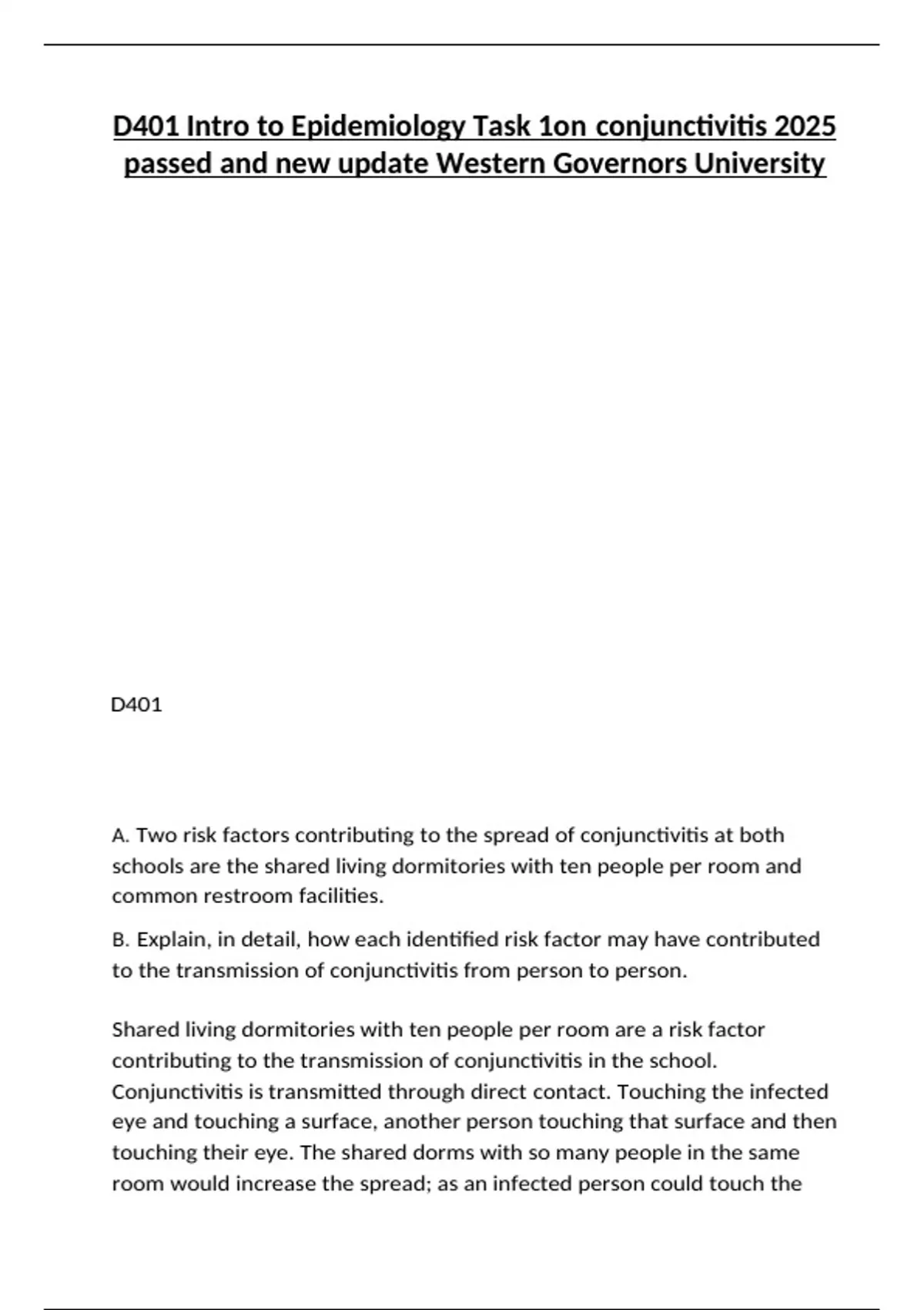 D401 Intro to Epidemiology Task 1on conjunctivitis 2025 passed and new ...