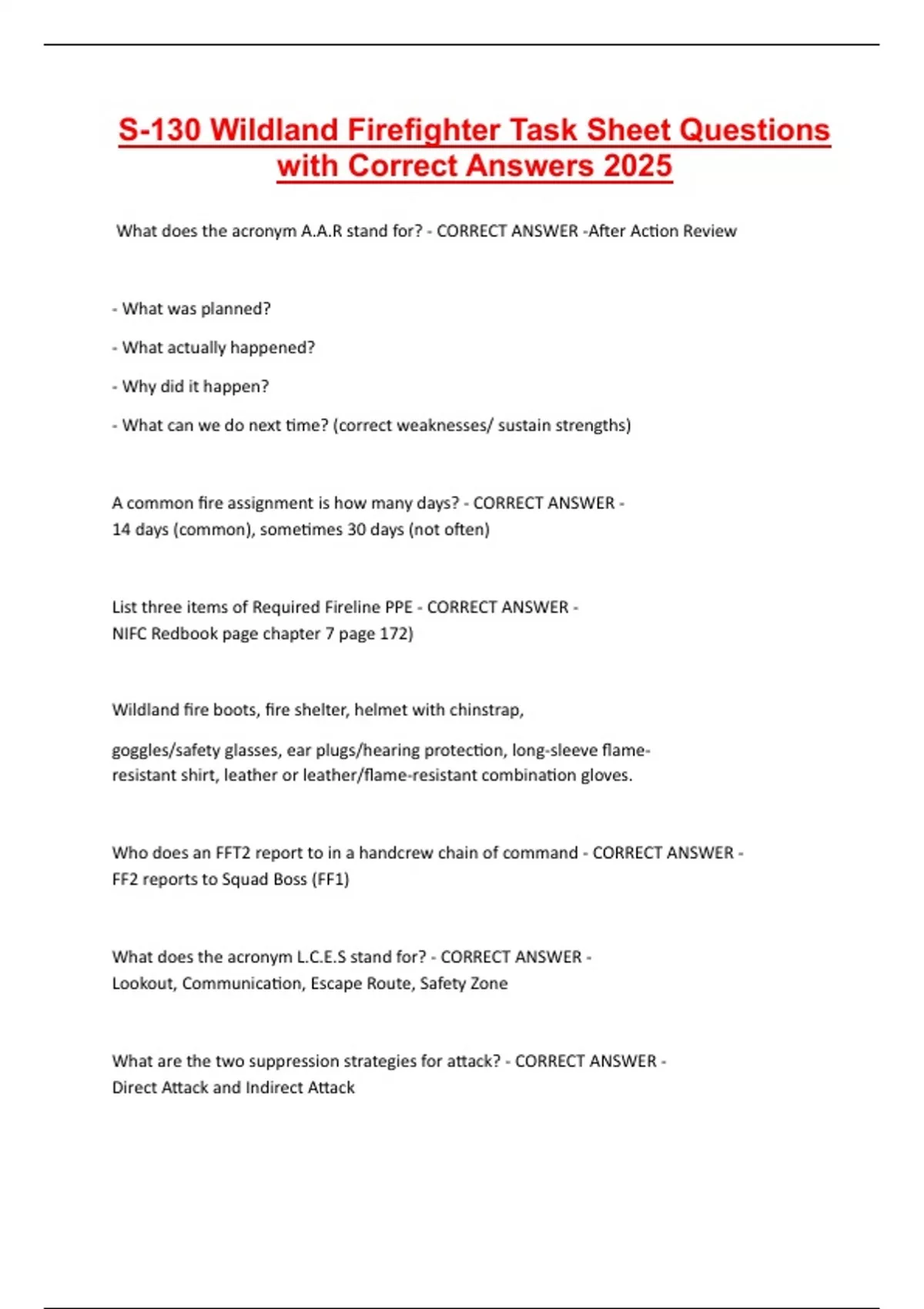 S-130 Wildland Firefighter Task Sheet Questions with Correct Answers ...