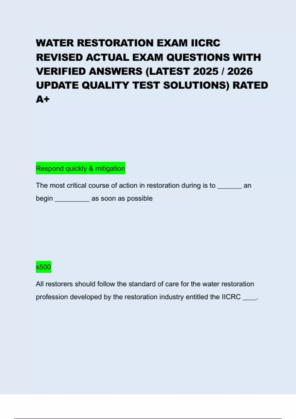 WATER RESTORATION EXAM IICRC REVISED ACTUAL EXAM QUESTIONS WITH ...