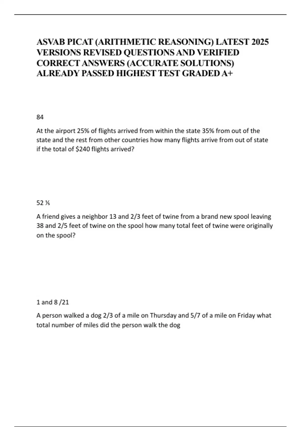 ASVAB / PICAT (ARITHMETIC REASONING) LATEST 2025 VERSIONS REVISED ...