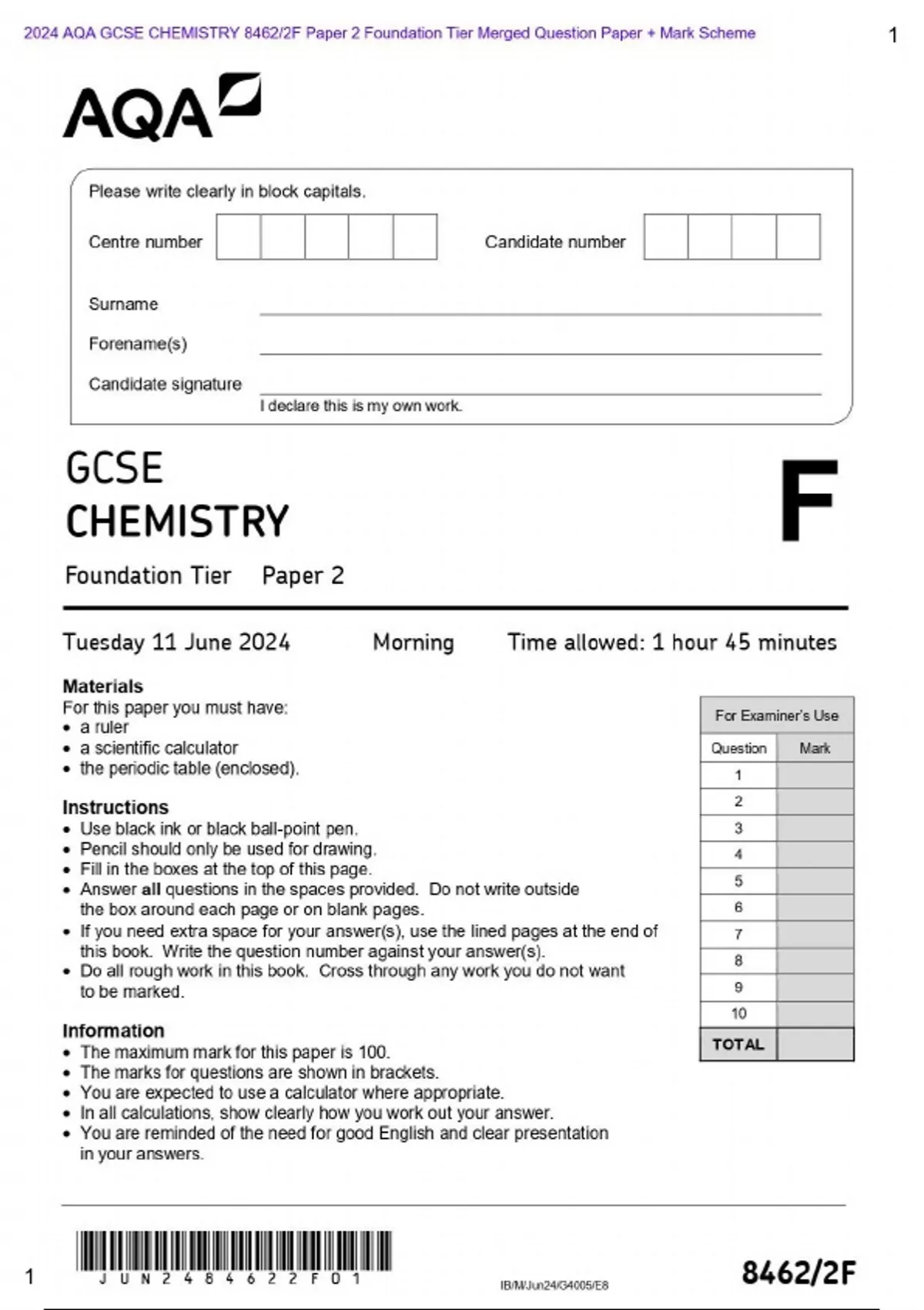 2024 AQA GCSE CHEMISTRY 8462/2F Paper 2 Foundation Tier Merged Question ...