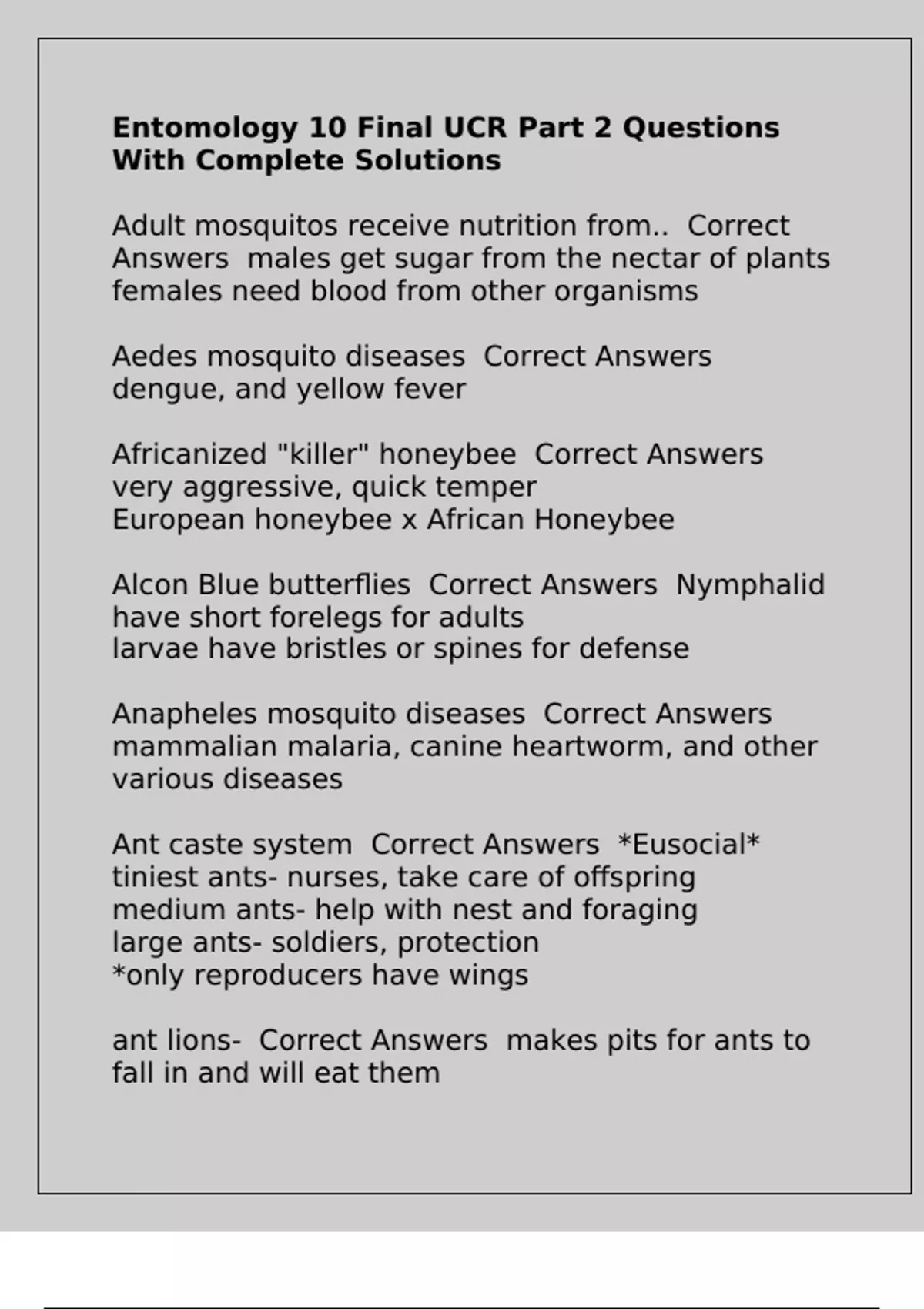 Entomology 10 Final UCR Part 2 Questions With Complete Solutions ...