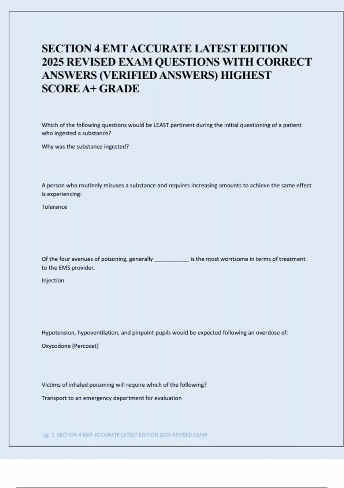 Section 4 Emt Accurate Latest Edition 2025 Revised Exam Questions With Correct Answers Verified