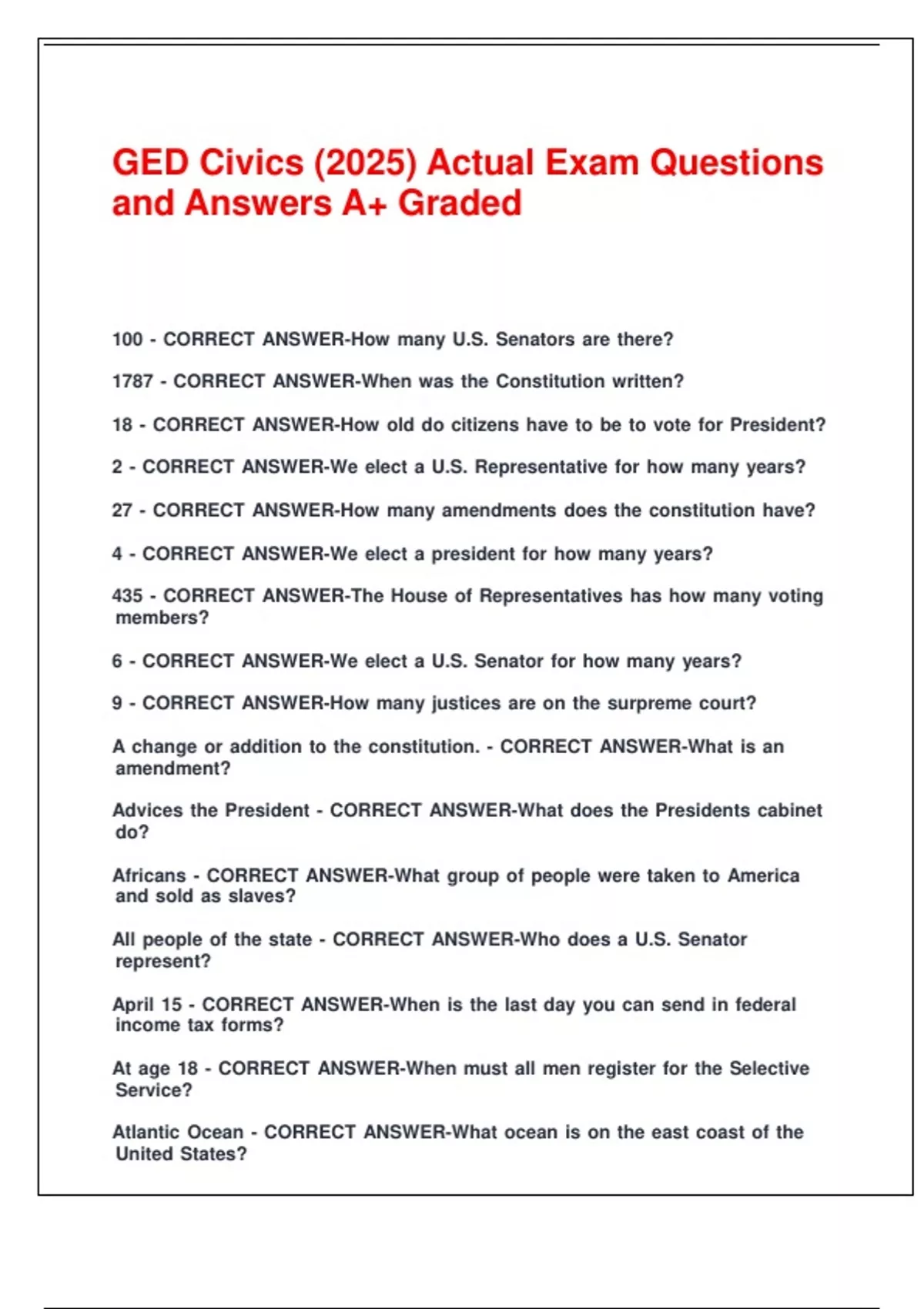 GED Civics (2025) Actual Exam Questions and Answers A+ Graded - Ged ...