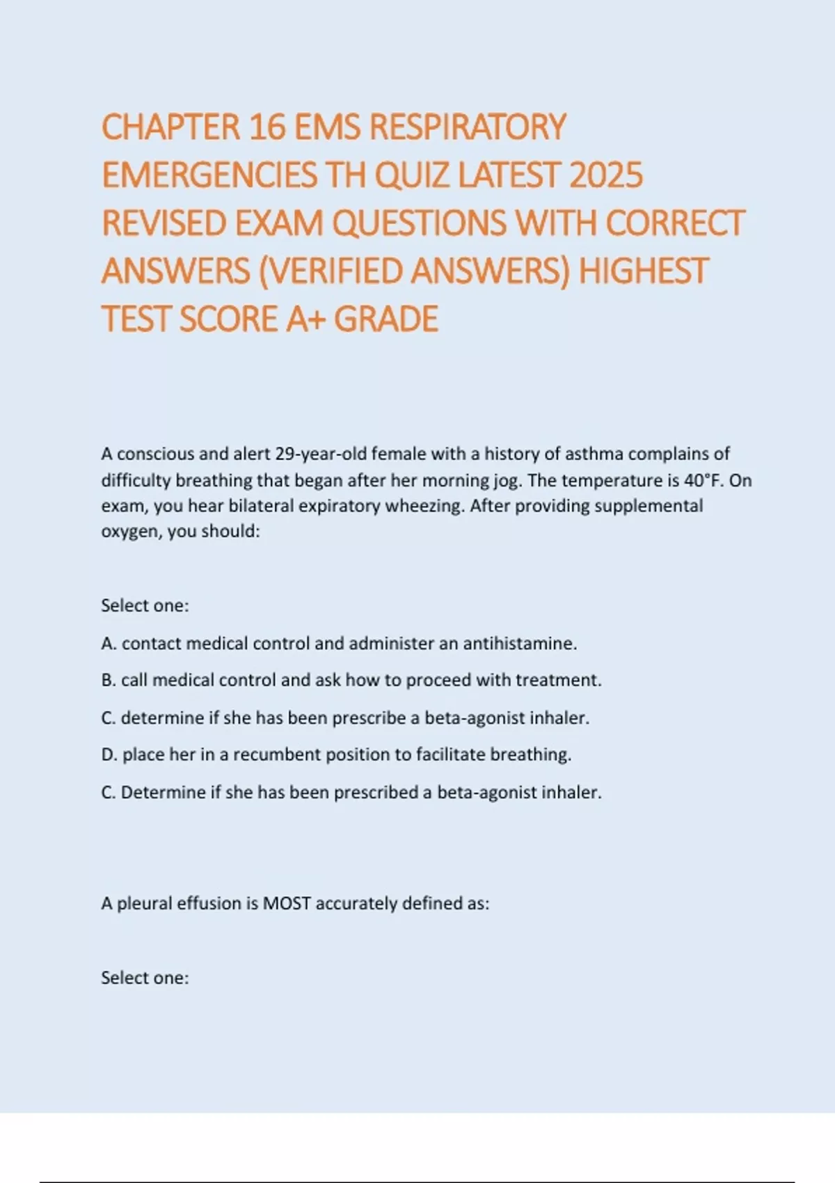 CHAPTER 16 EMS RESPIRATORY EMERGENCIES TH QUIZ LATEST 2025 REVISED EXAM ...