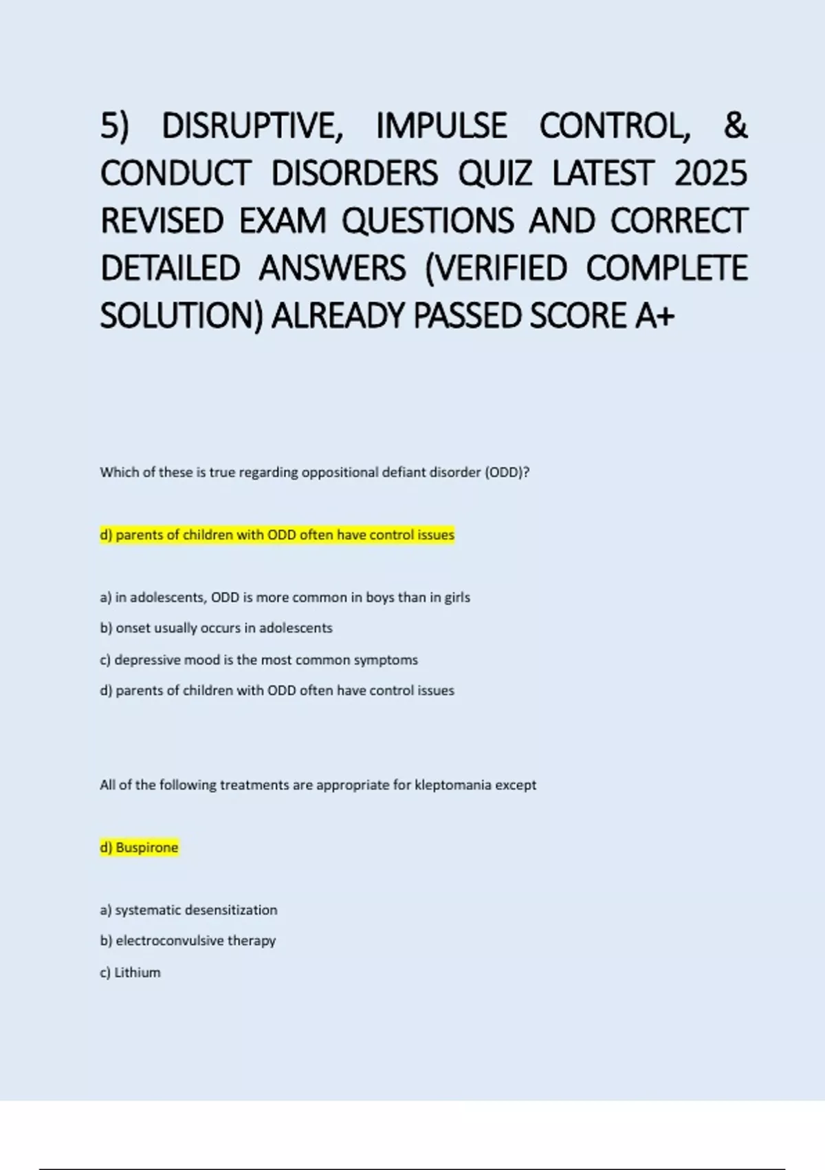 5) DISRUPTIVE, IMPULSE CONTROL, & CONDUCT DISORDERS QUIZ LATEST 2025 ...