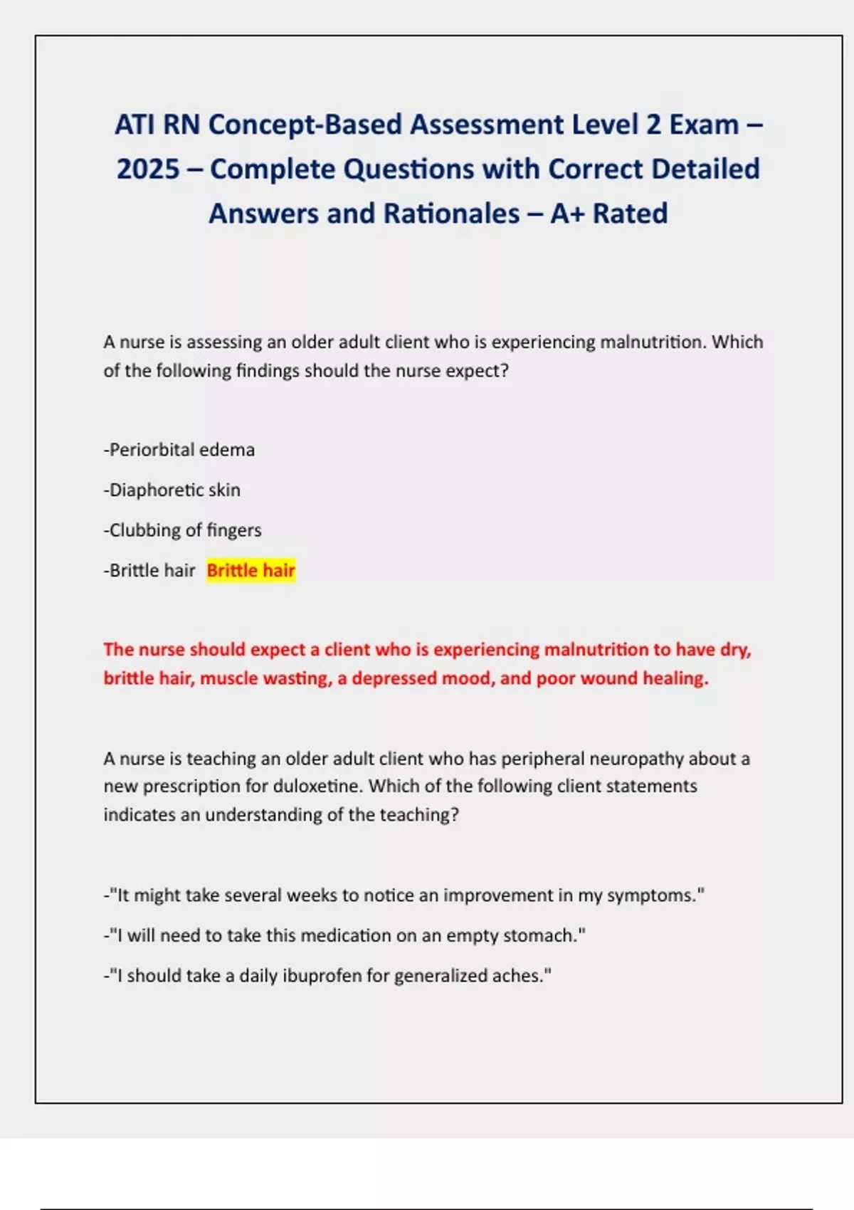 ATI RN Concept-Based Assessment Level 2 Exam – 2025 – Complete ...