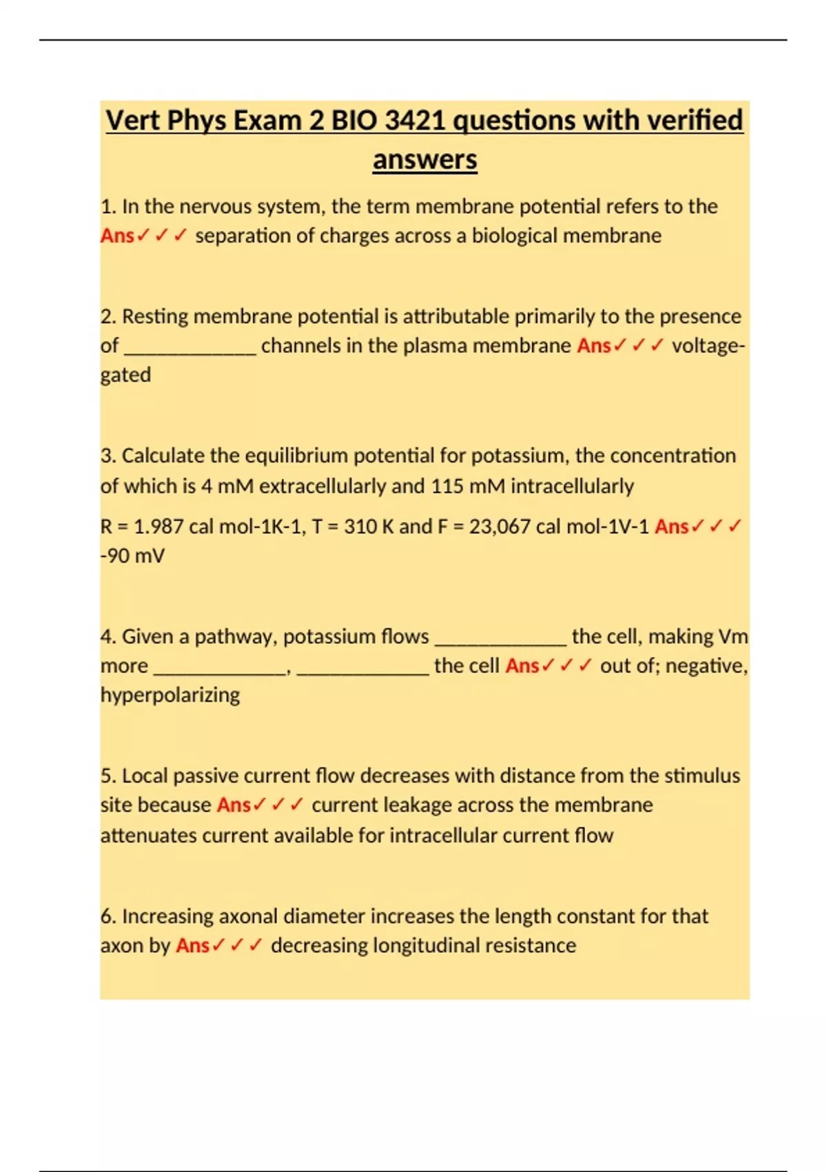 BIO 3421 – Vertebrate Physiology Exam 2 – Verified Questions and ...