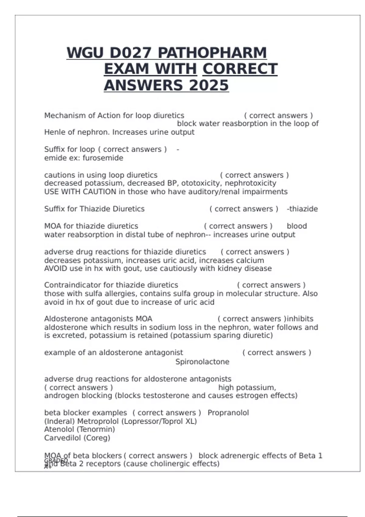 WGU D027 PATHOPHARM EXAM WITH CORRECT ANSWERS 2025 - WGU D027 ...