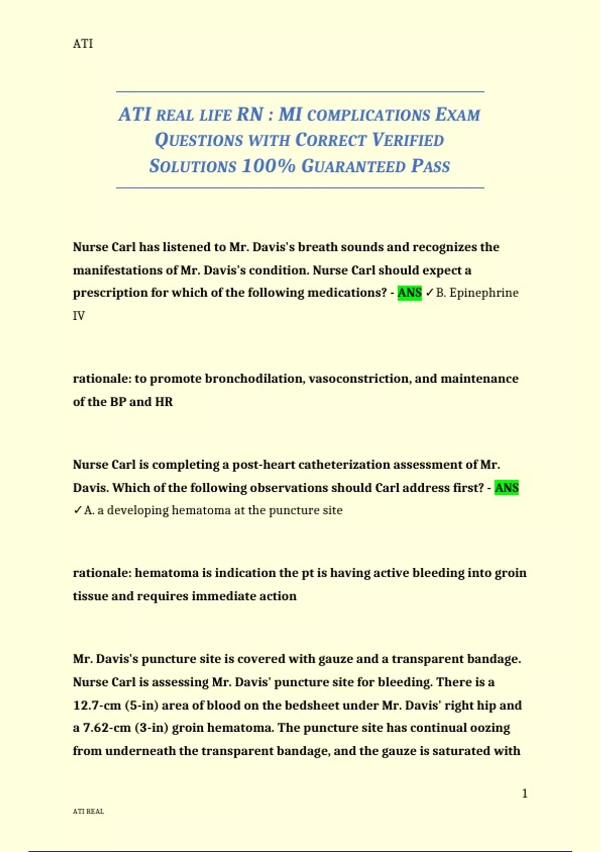 ATI REAL LIFE RN : MI COMPLICATIONS EXAM QUESTIONS WITH CORRECT ...