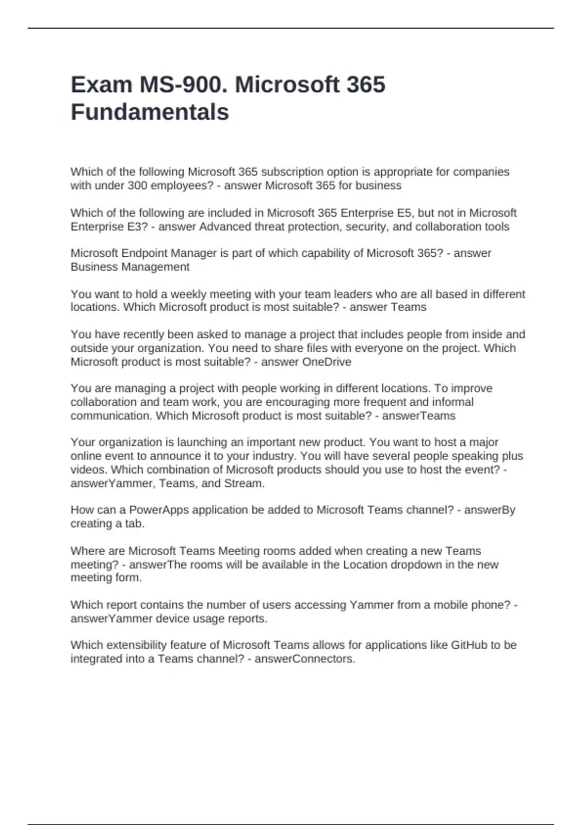 Exam MS-900. Microsoft 365 Fundamentals Questions with Solutions - MS ...