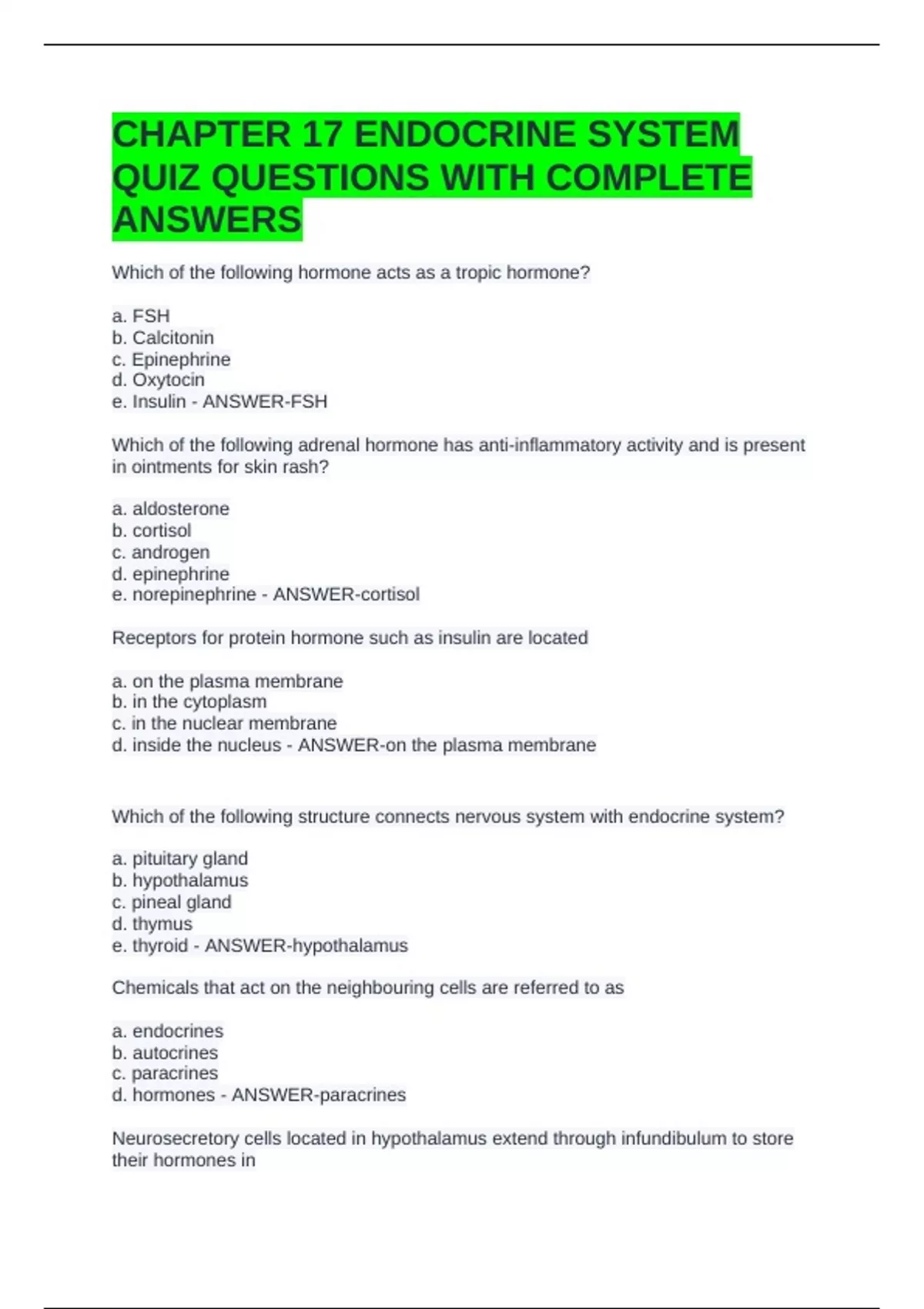 CHAPTER 17 ENDOCRINE SYSTEM QUIZ QUESTIONS WITH COMPLETE ANSWERS ...