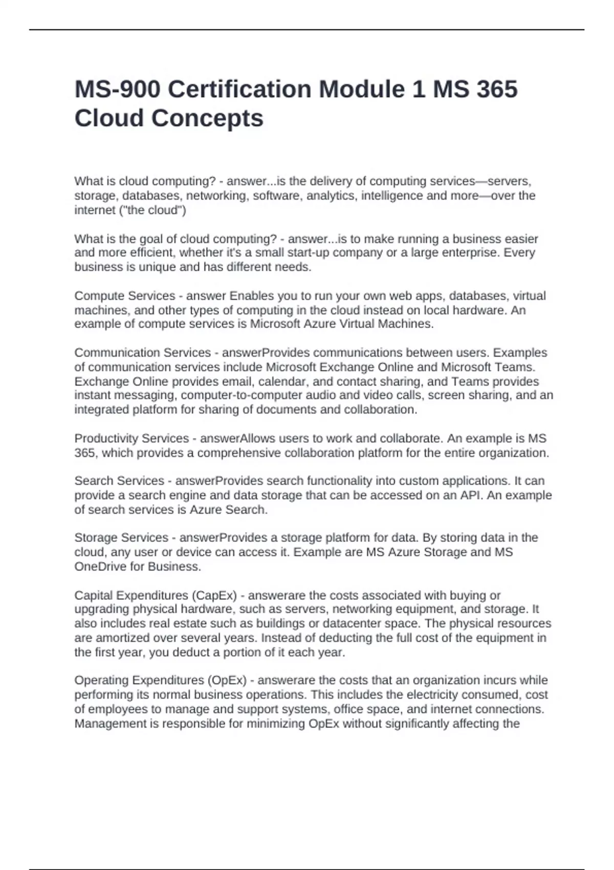 MS-900 Certification Module 1 MS 365 Cloud Concepts Questions and ...