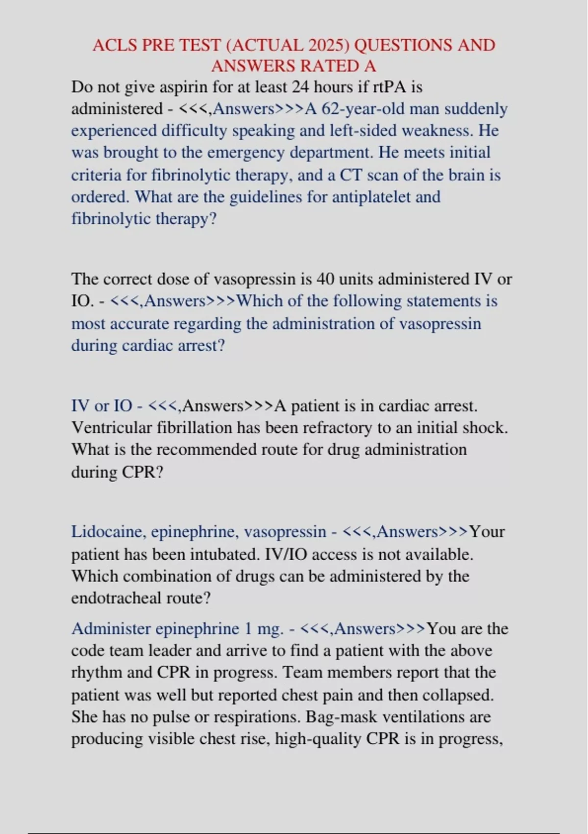 ACLS PRE TEST (ACTUAL 2025) QUESTIONS AND ANSWERS RATED A - ACLS ...