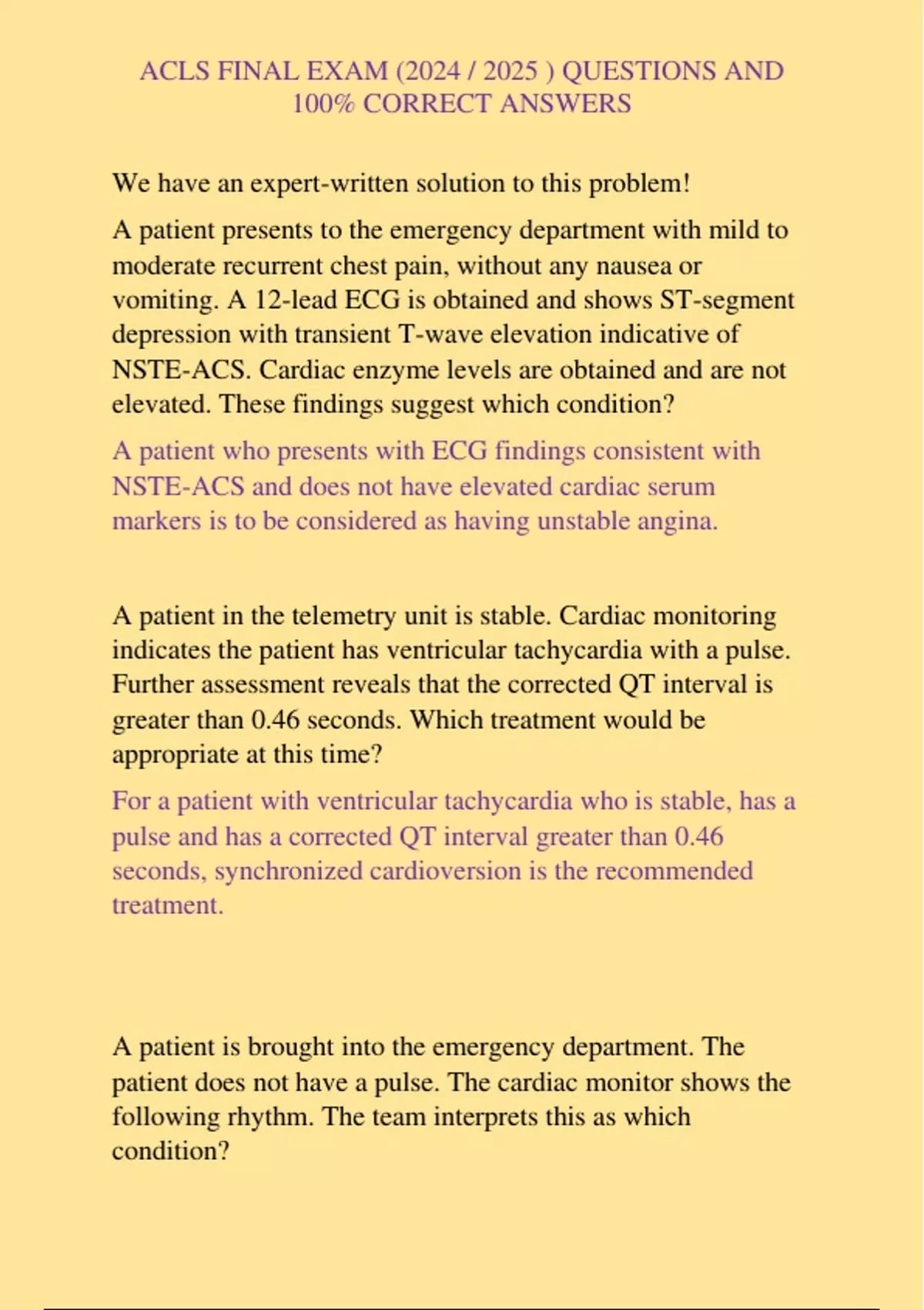 ACLS FINAL EXAM (2024 / 2025 ) QUESTIONS AND 100% CORRECT ANSWERS - ACLS - Stuvia US