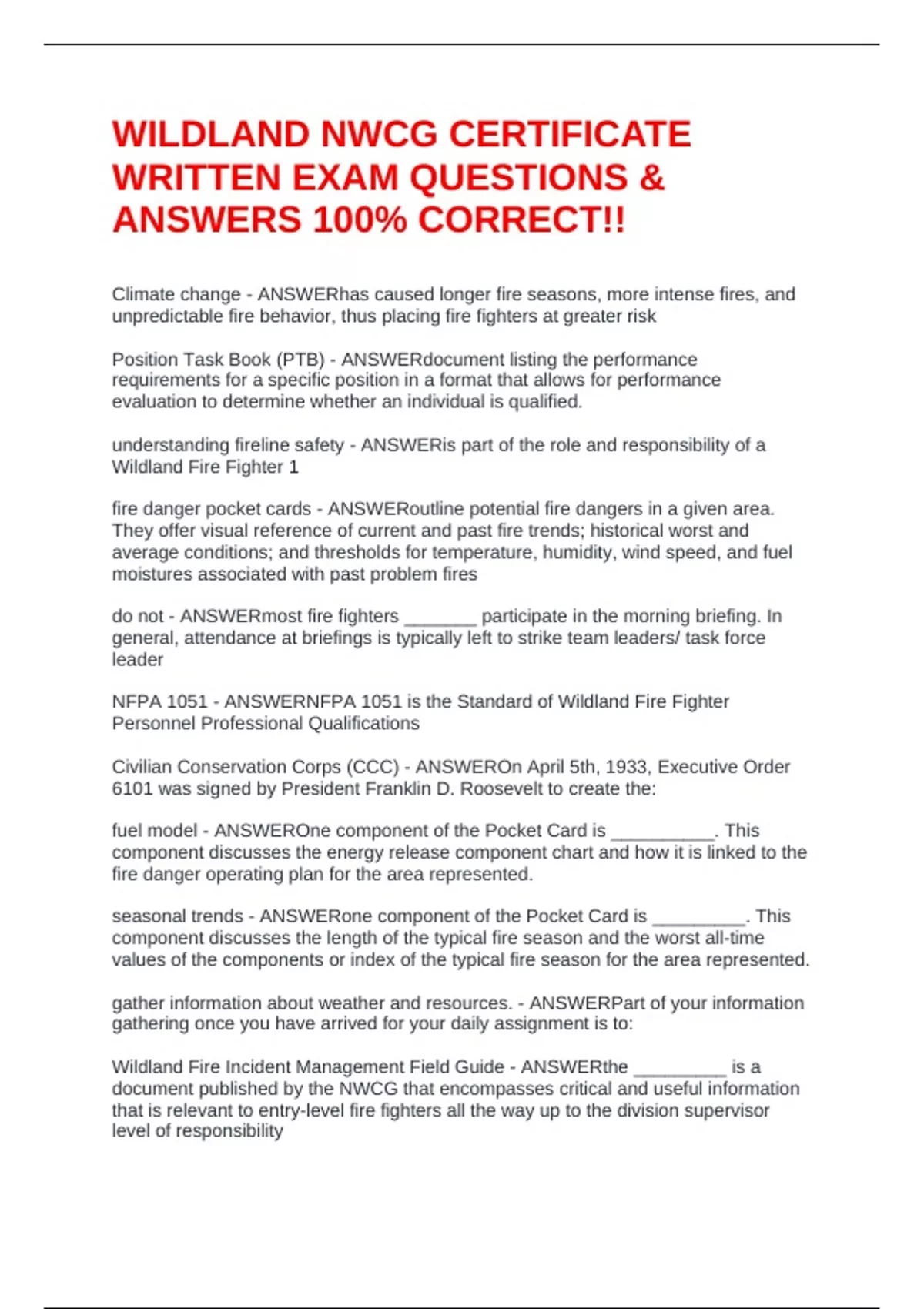 WILDLAND NWCG CERTIFICATE WRITTEN EXAM QUESTIONS & ANSWERS 100% CORRECT ...