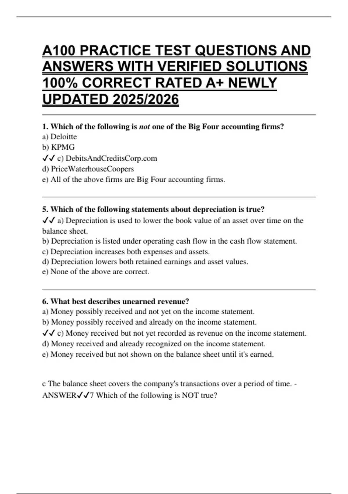 A100 PRACTICE TEST QUESTIONS AND ANSWERS WITH VERIFIED SOLUTIONS 100% ...