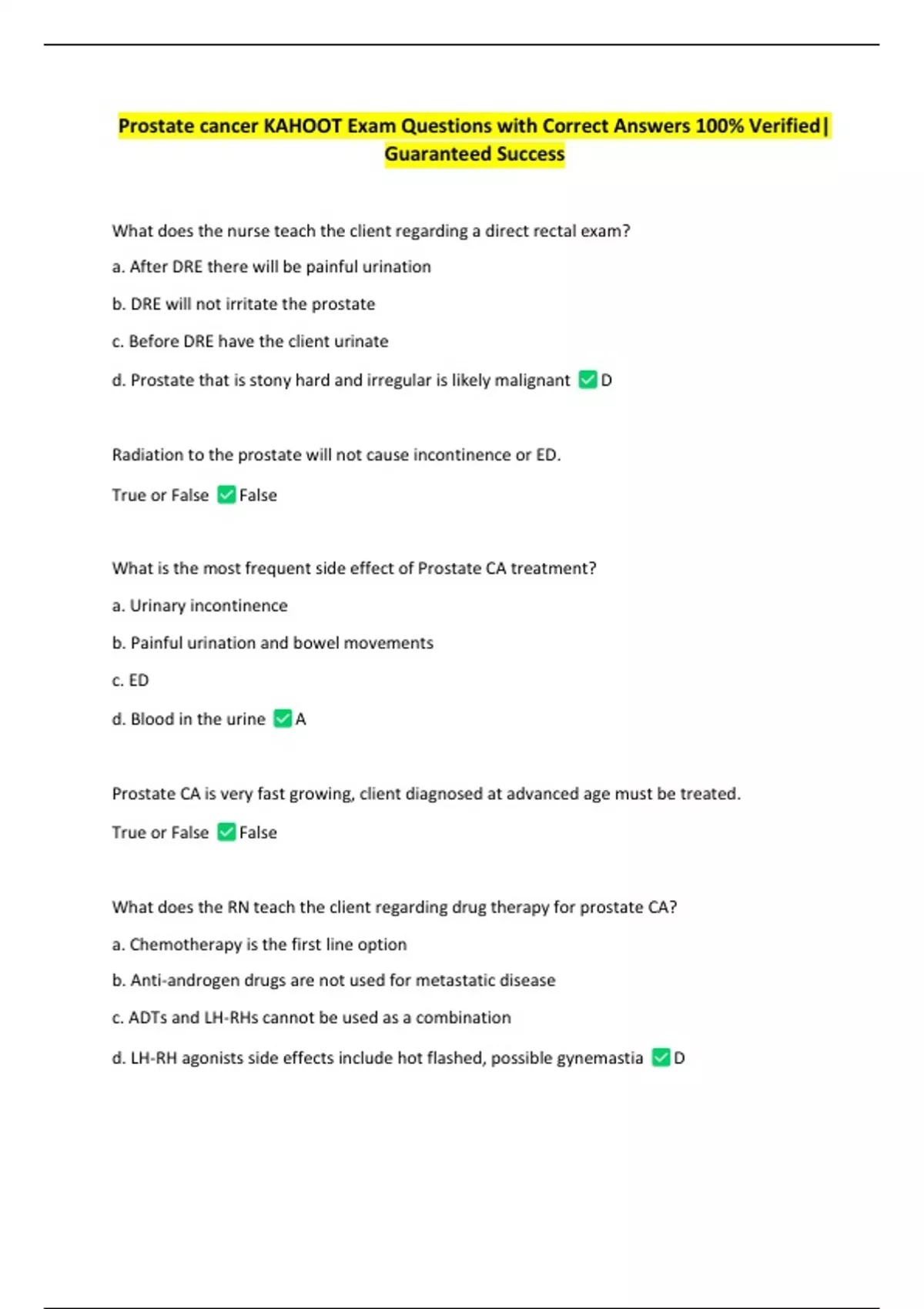 Prostate cancer KAHOOT Exam Questions with Correct Answers 100% ...