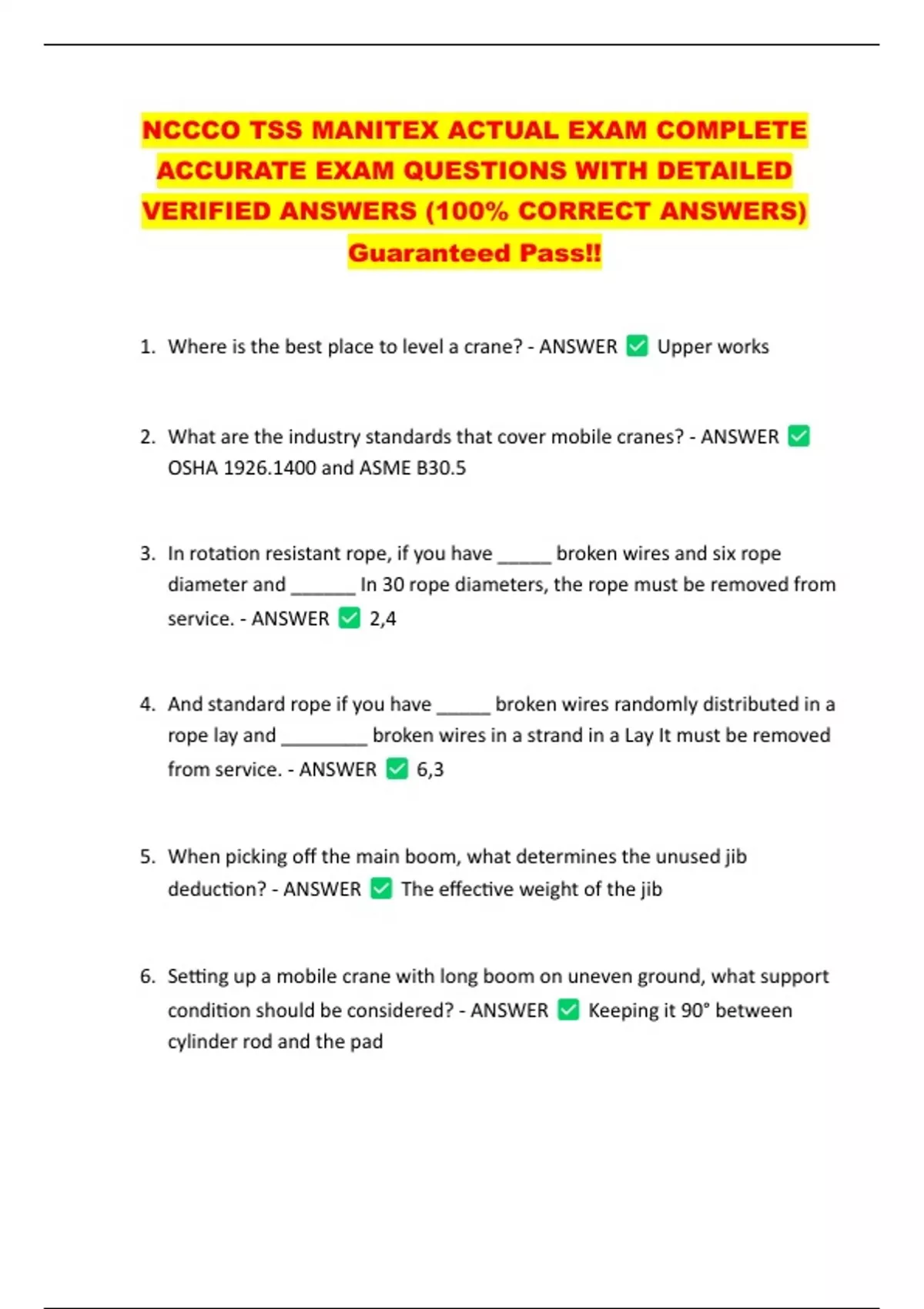 NCCCO TSS MANITEX ACTUAL EXAM COMPLETE ACCURATE EXAM QUESTIONS WITH ...