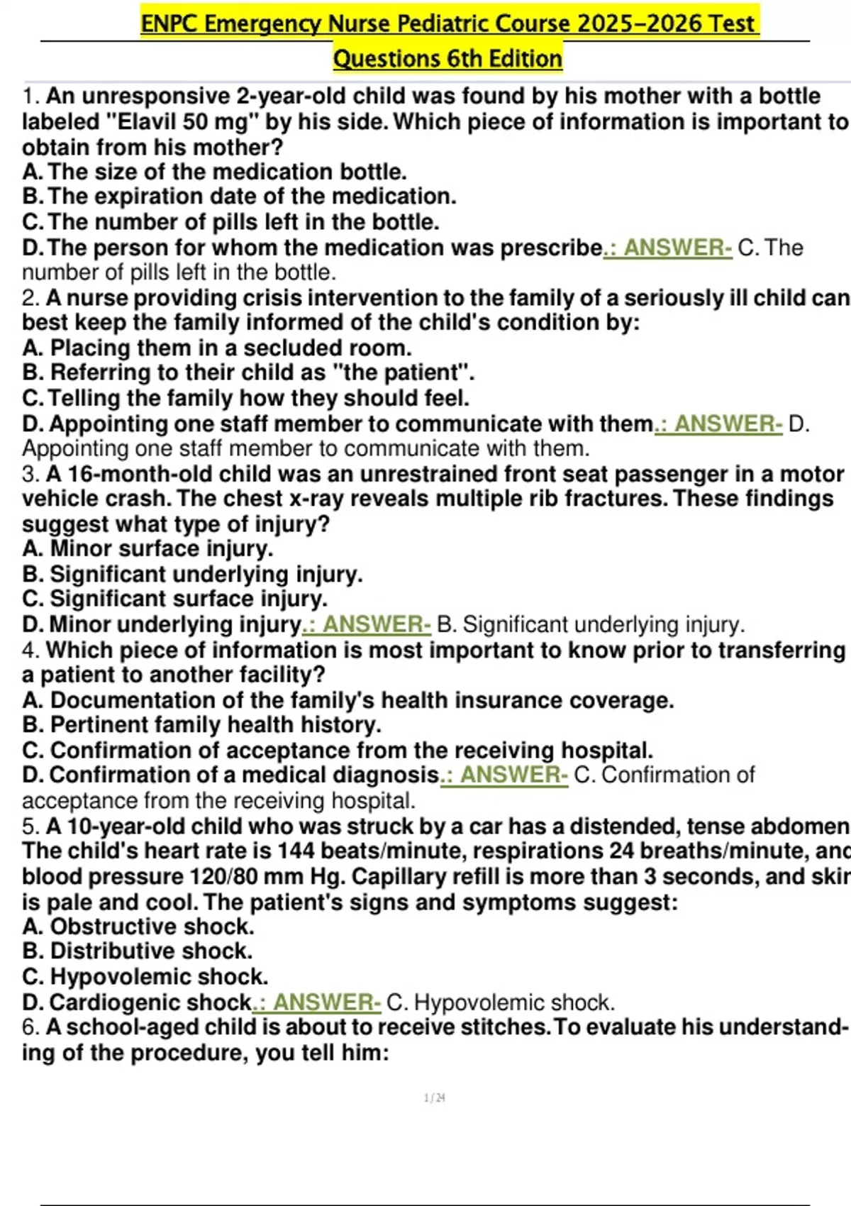 ENPC Emergency Nurse Pediatric Course Test Questions 6th Edition - ENPC ...