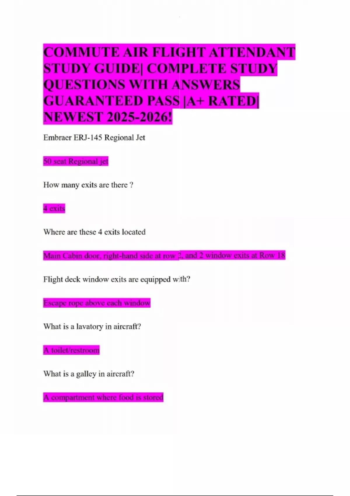 COMMUTE AIR FLIGHT ATTENDANT STUDY GUIDE| COMPLETE STUDY QUESTIONS WITH ...