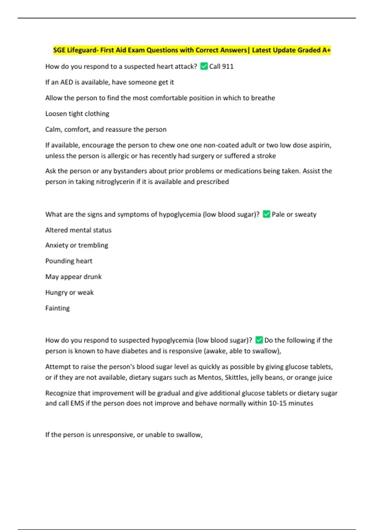 SGE Lifeguard- First Aid Exam Questions with Correct Answers| Latest ...