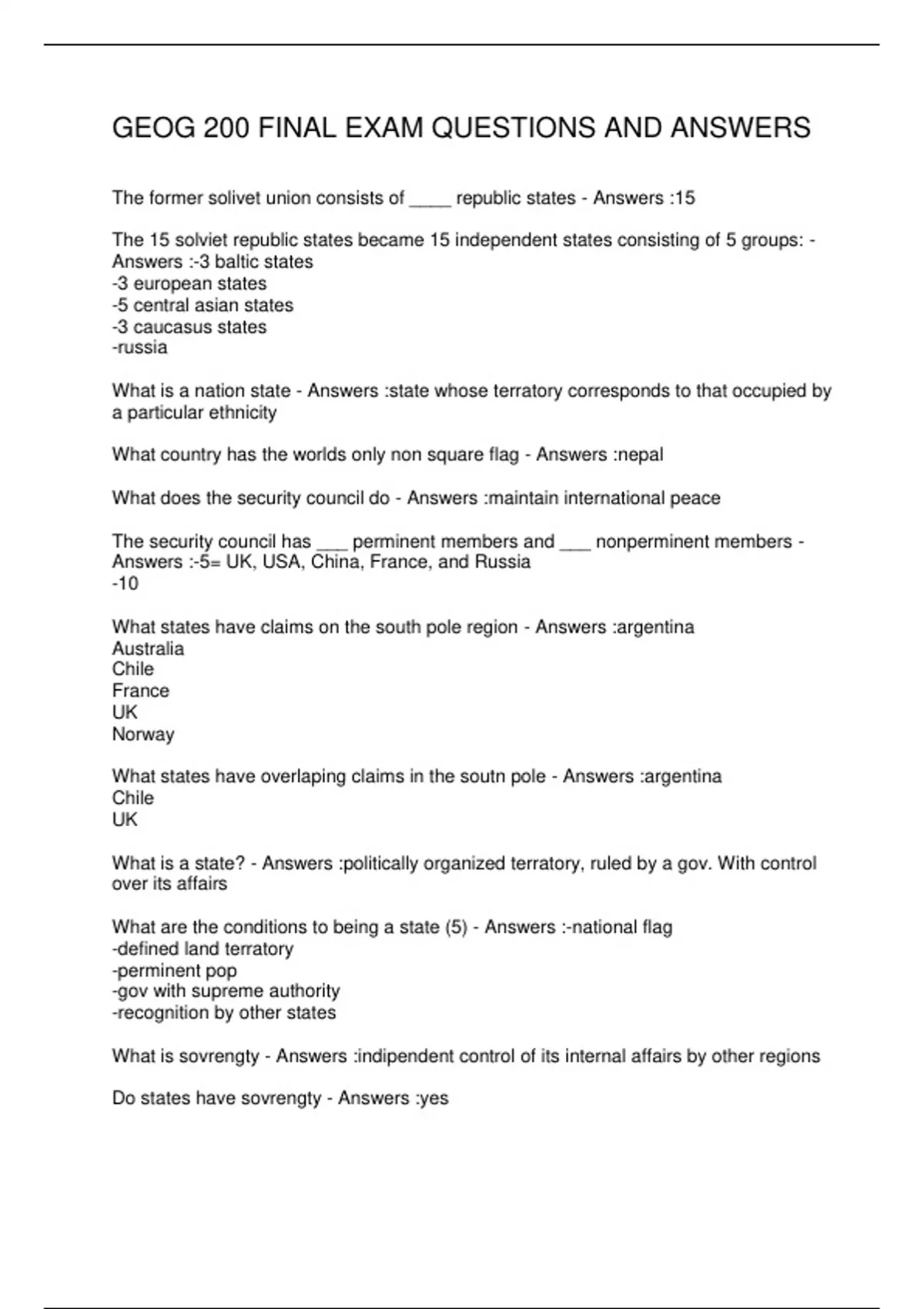 GEOG 200 FINAL EXAM QUESTIONS AND ANSWERS - GEOG 200 - Stuvia US