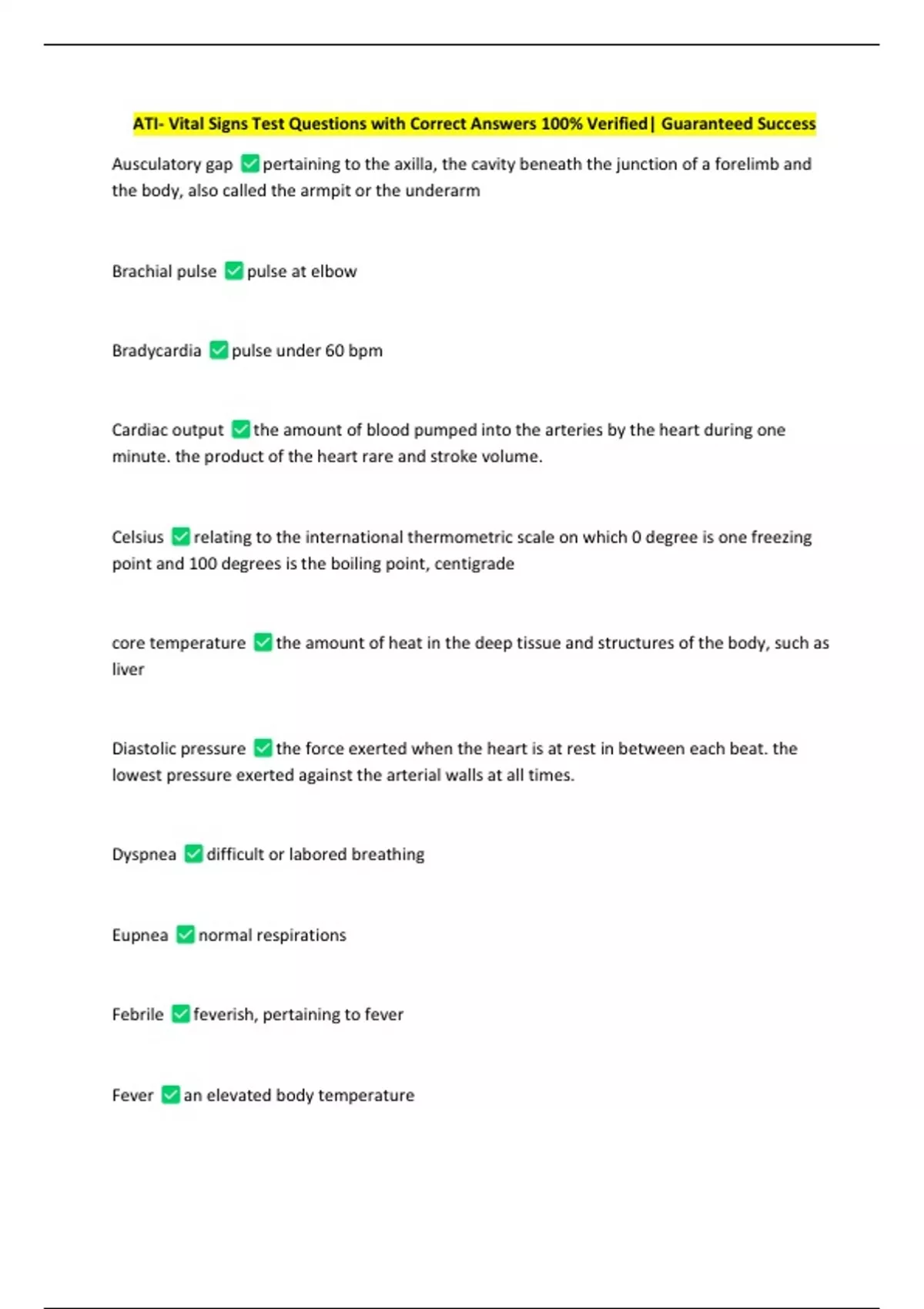 ATI- Vital Signs Test Questions with Correct Answers 100% Verified ...