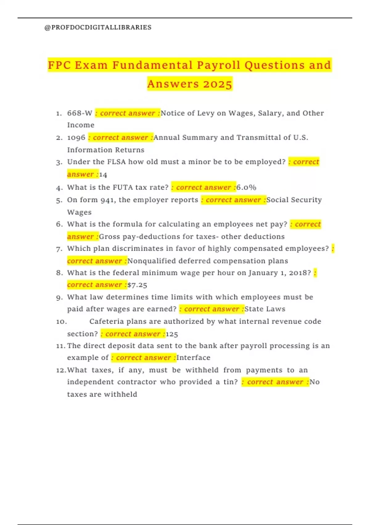 FPC Exam Fundamental Payroll Questions and Answers 2025 |Latest Updated ...