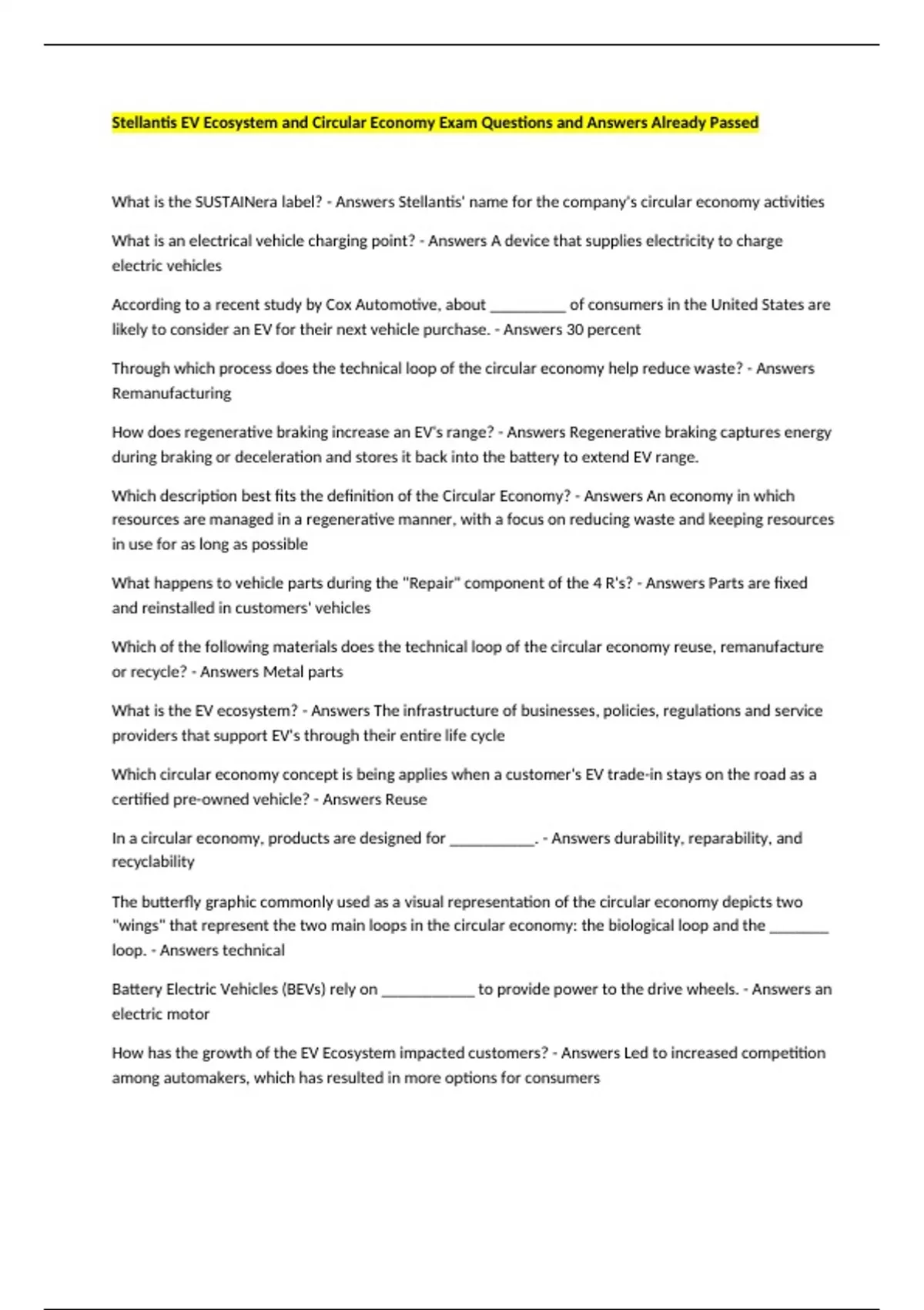 Stellantis EV Ecosystem and Circular Economy Exam Questions and Answers ...