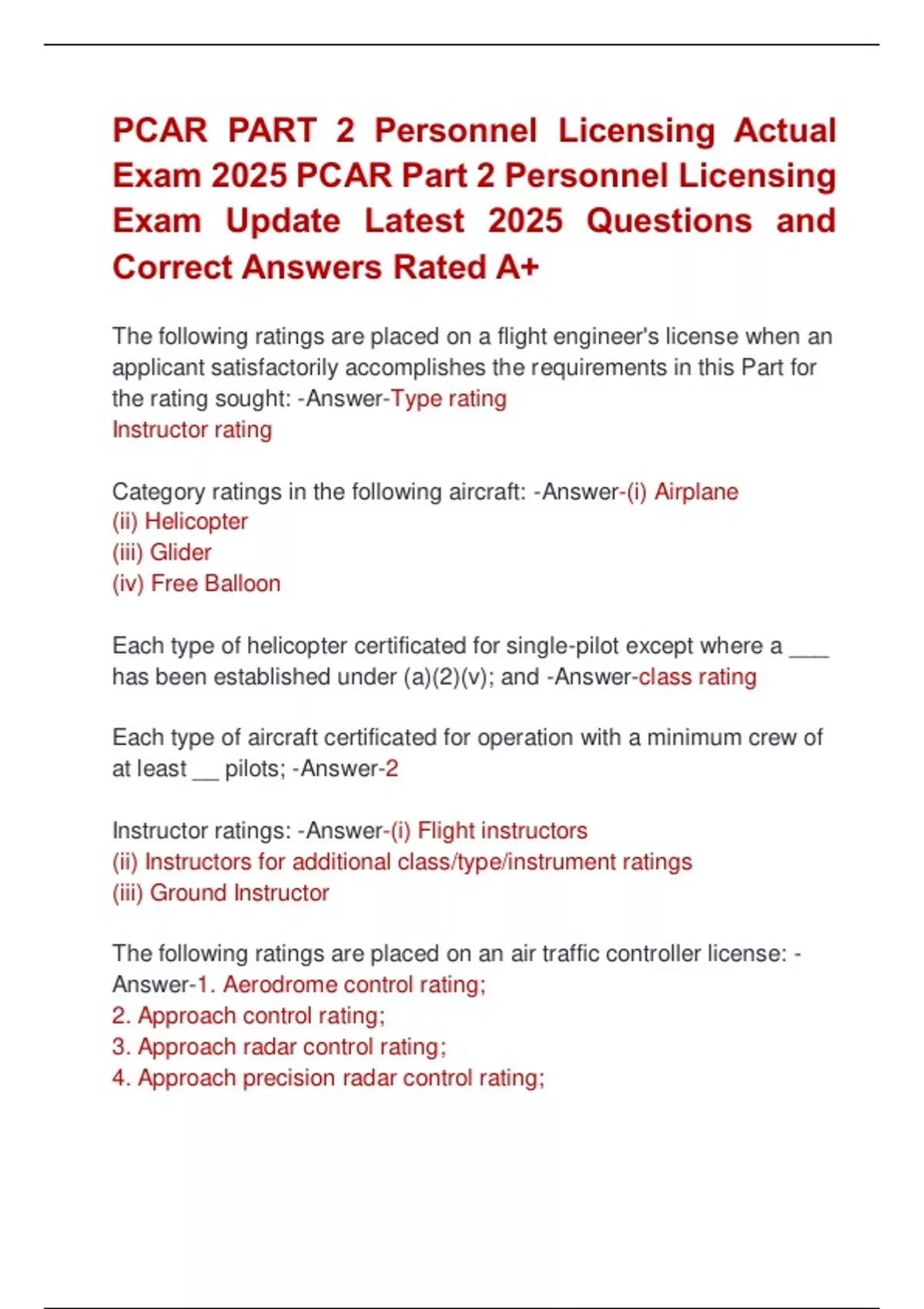 PCAR PART 2 Personnel Licensing Actual Exam 2025 PCAR Part 2 Personnel ...